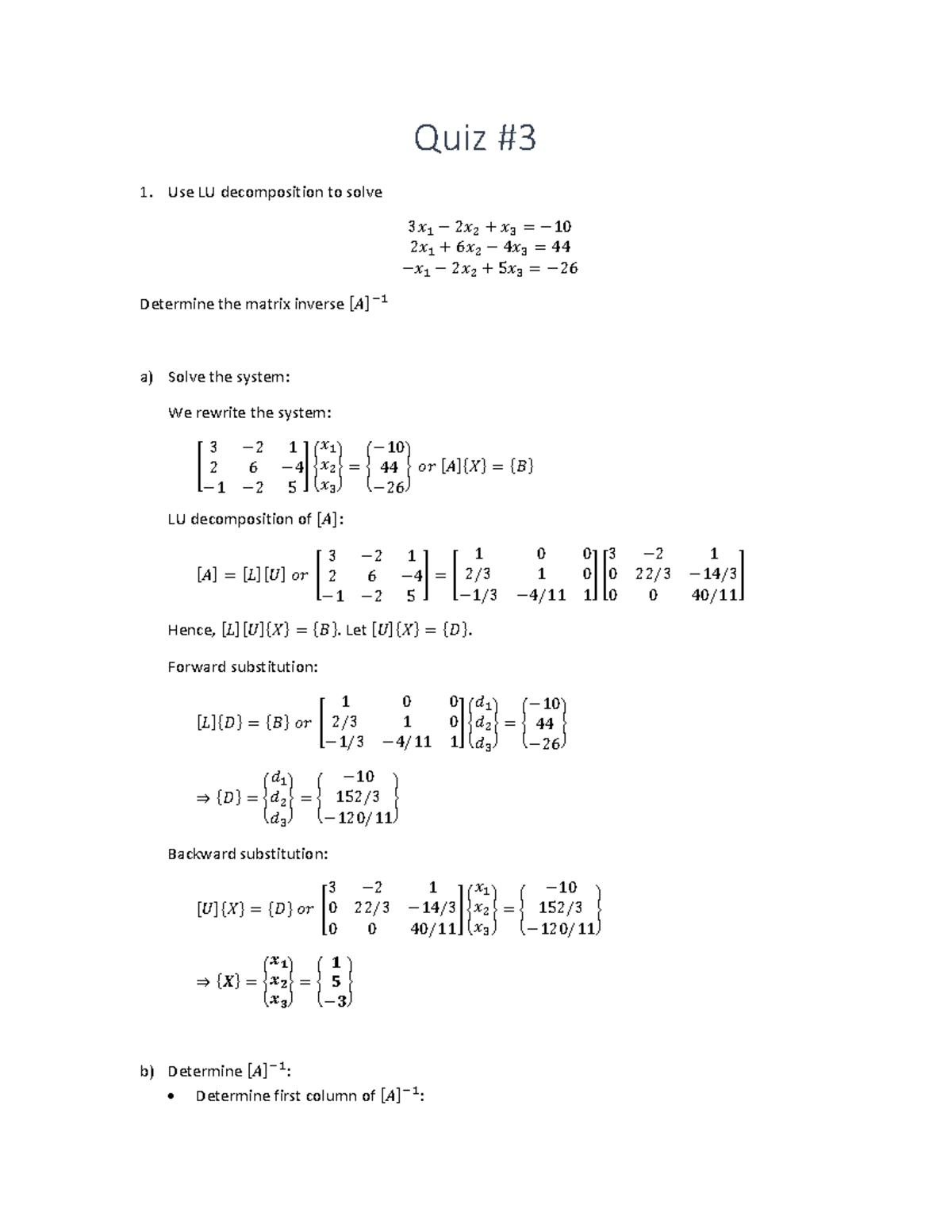 TMC Quiz 3 - TMC - Quiz Use LU decomposition to solve 3𝑥 1 − 2𝑥 2 + 𝑥 3 ...