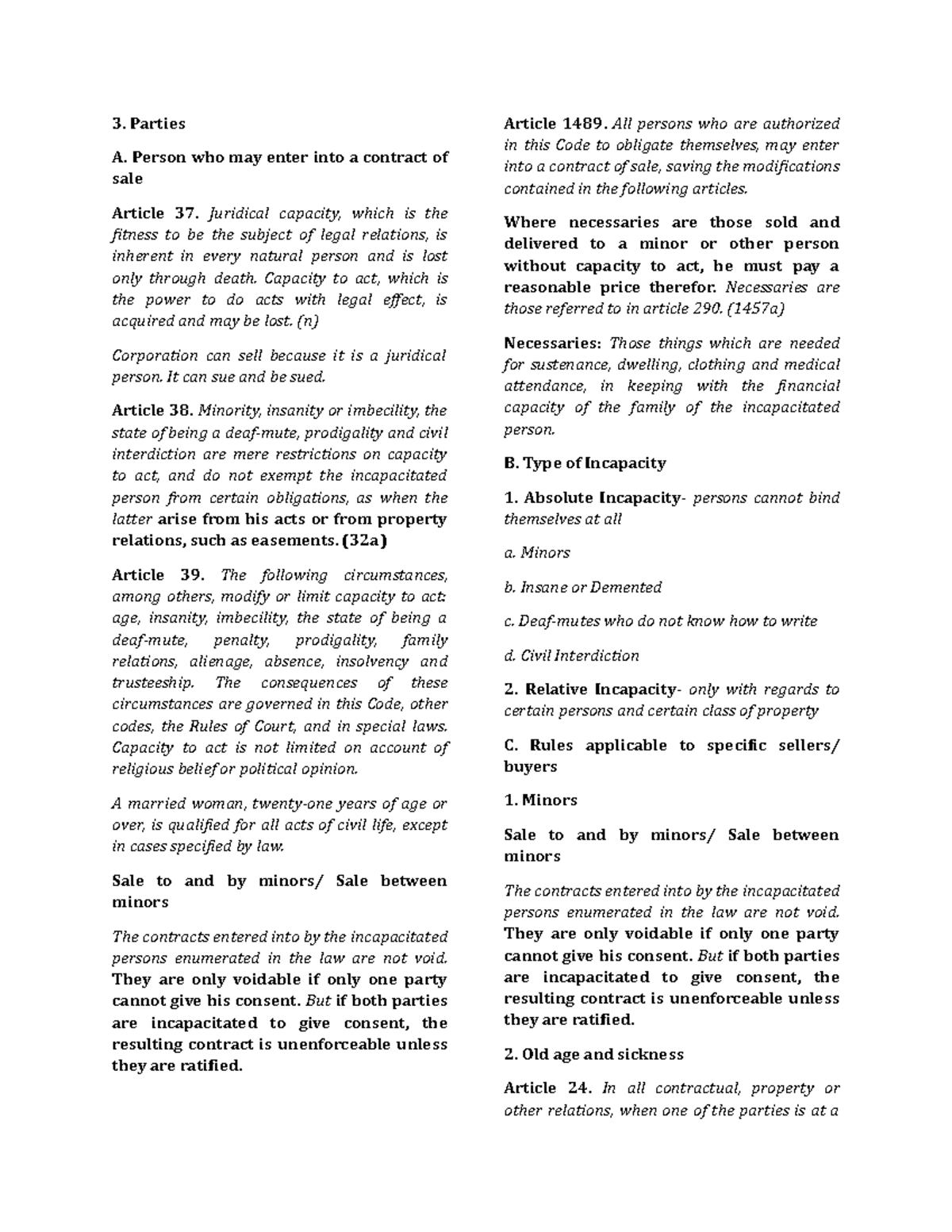 3 - Chapter 3 Law on Sales - Parties A. Person who may enter into a ...