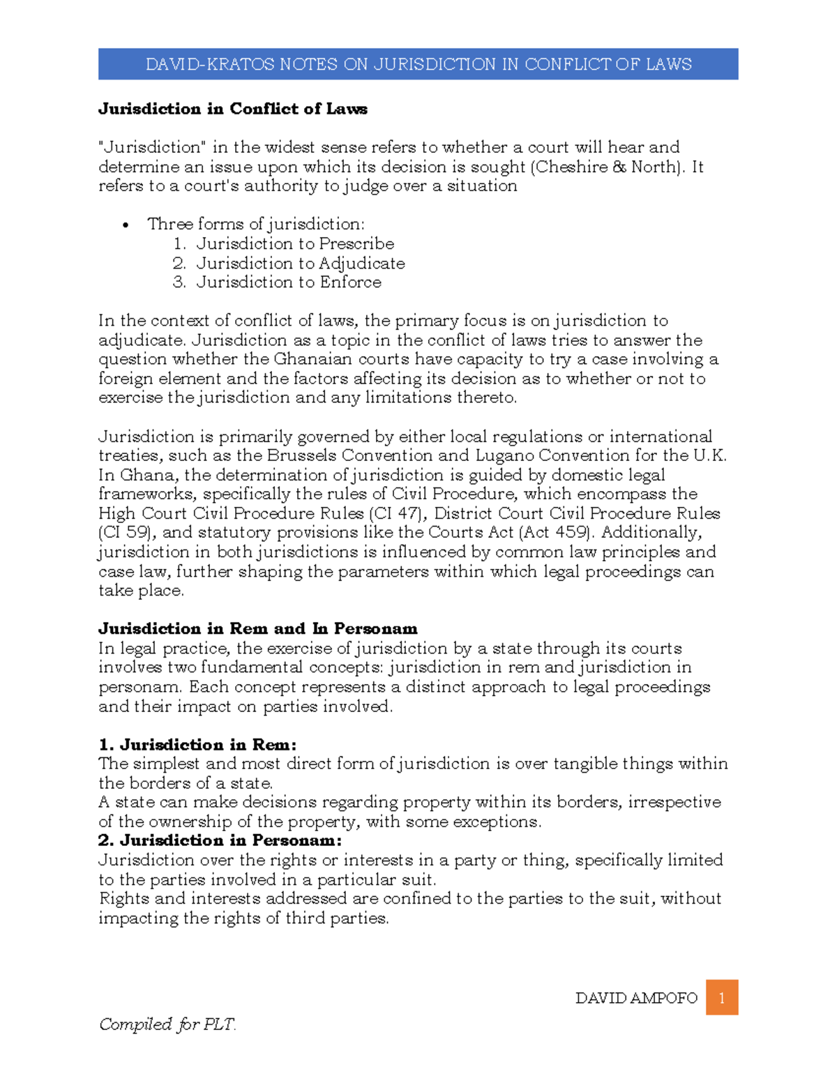 David- Kratos Notes ON Jurisdiction IN Conflict OF LAWS - DAVID AMPOFO ...