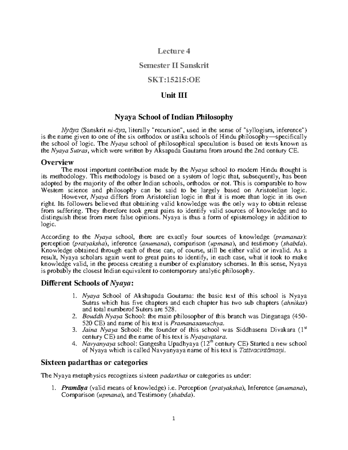 Nyaya School of Indian Philosophy - 1 Lecture 4 Semester II Sanskrit ...