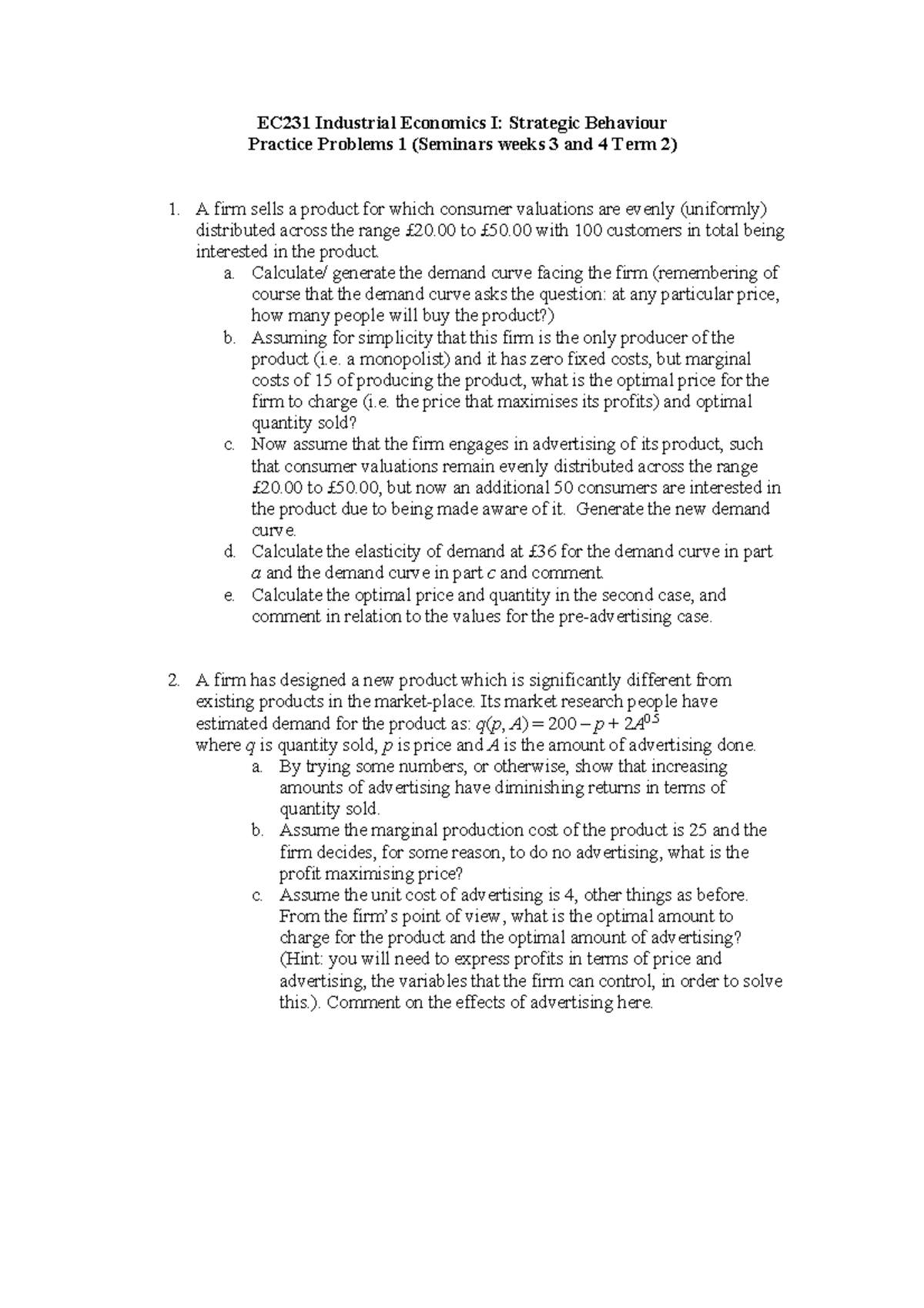 Week 3-4 Seminar Questions - EC231 Industrial Economics I: Strategic ...