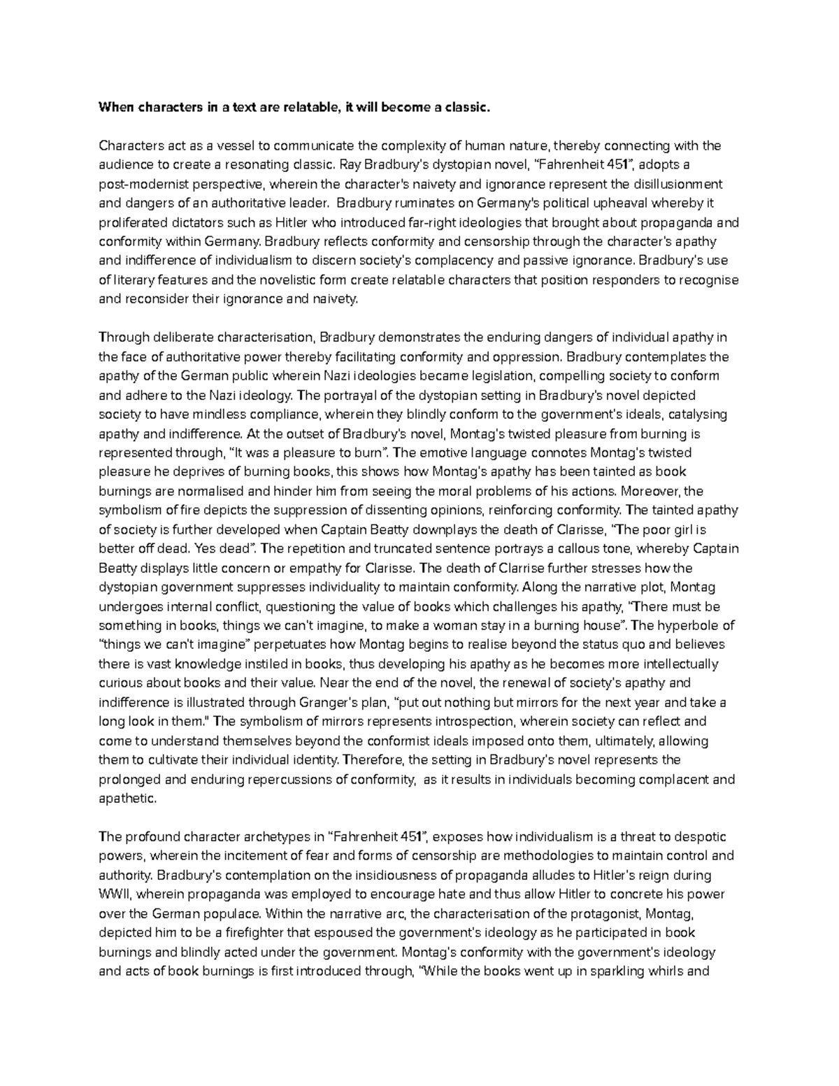 fahrenheit 451 essay - When characters in a text are relatable, it will ...