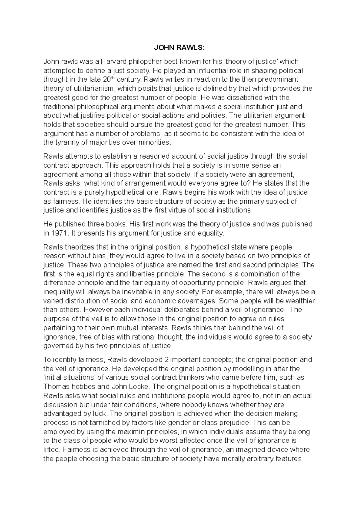JOHN Rawls essay - Grade: A+ - JOHN RAWLS: John rawls was a Harvard ...