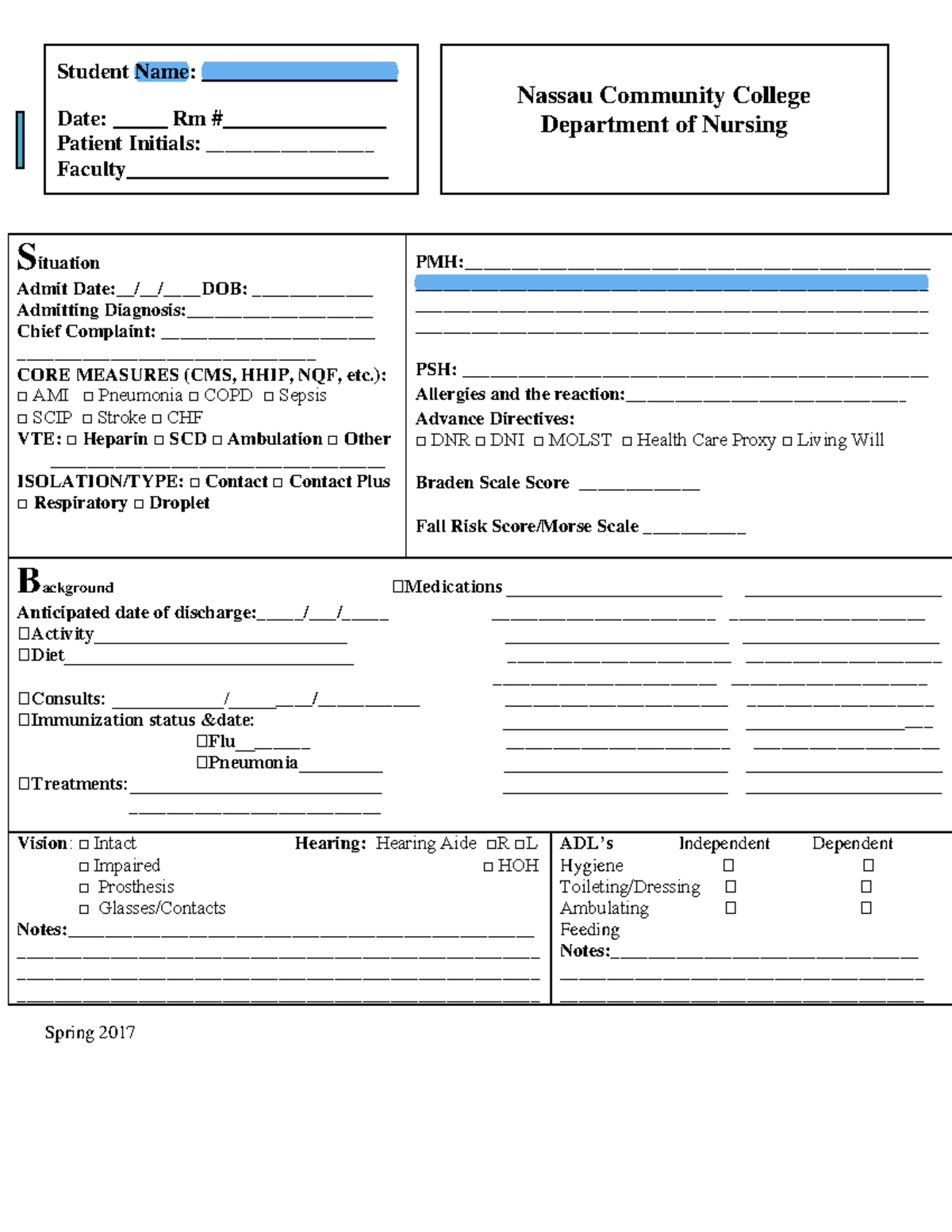 Patient Assesment Guide - Situation Admit Date://DOB ...