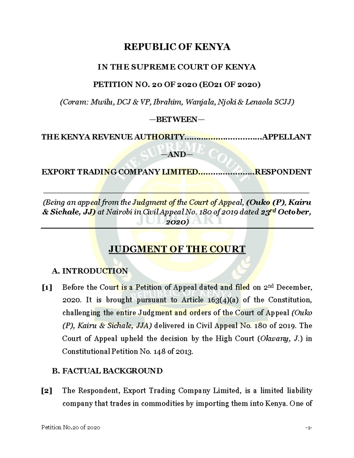 Judgemrnt Petition 20 EO21 of 2020 The Kenya Revenue Authority Vs ...