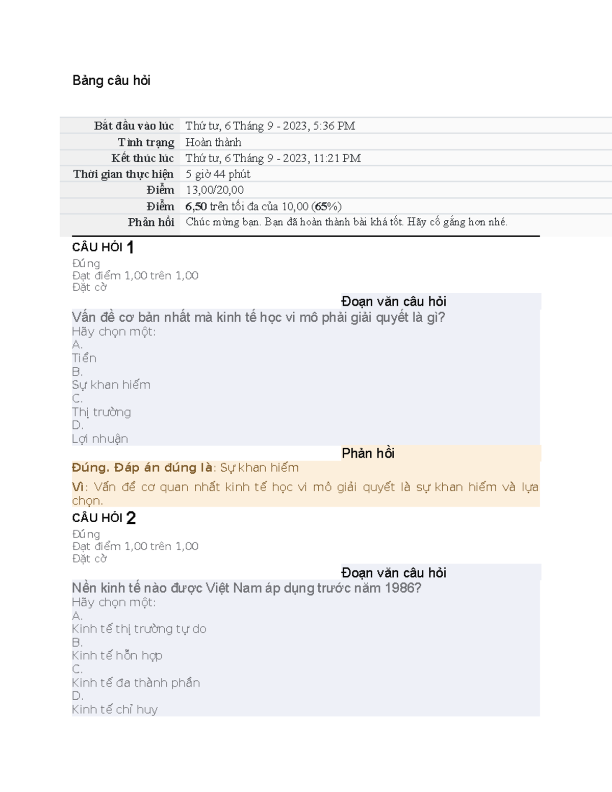 Trac nghiem Kinh te vimo 1,2 - Bảng câu hỏi Bắt đầu vào lúc Thứ tư, 6 Tháng 9 - 2023, 5:36 PM ...