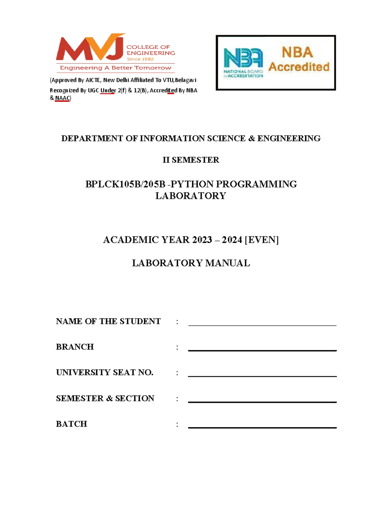 BLCK105B Python Programming 2nd Sem python manual - (Approved By AICTE, New Delhi Affiliated To ...