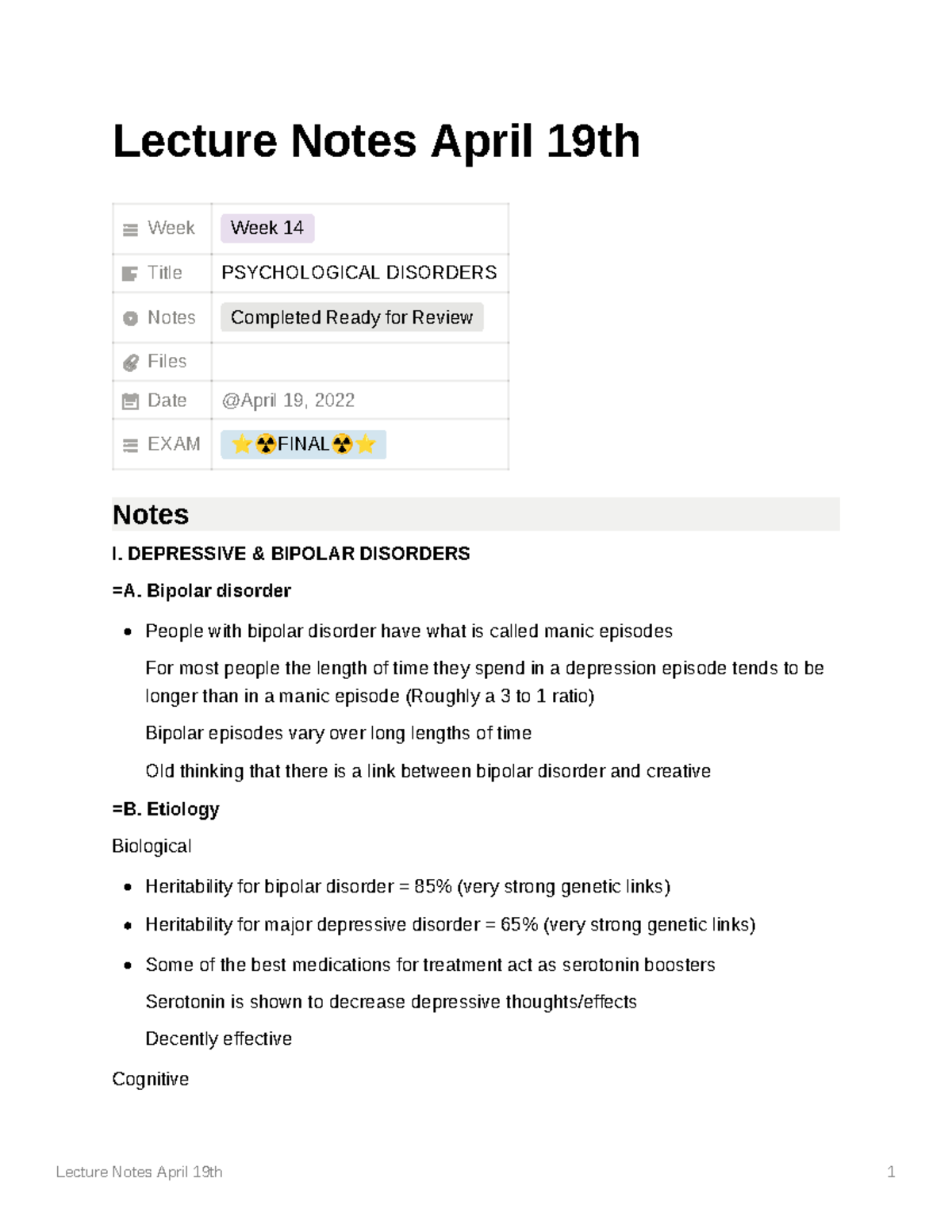 Lecture Notes April 19th - DEPRESSIVE & BIPOLAR DISORDERS =A. Bipolar ...