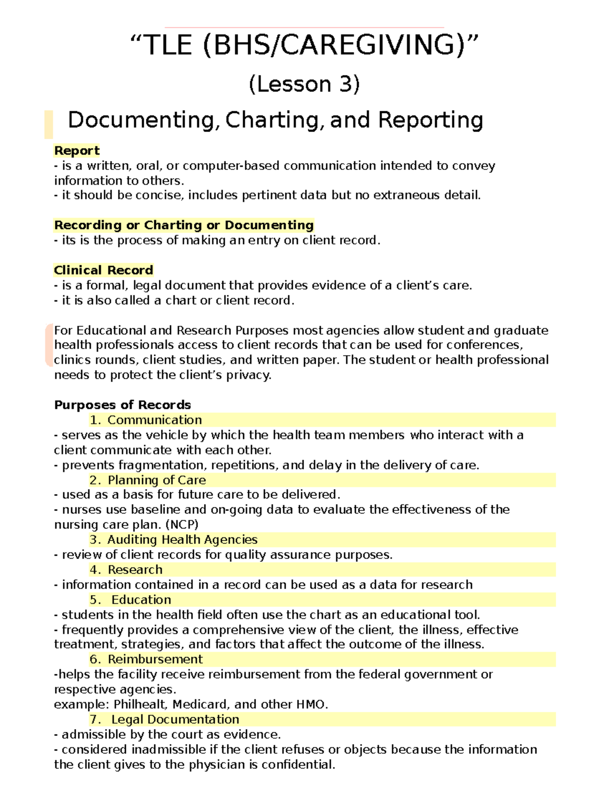 TLE 3 - SOAPIE Notes - “TLE (BHS/CAREGIVING)” (Lesson 3) Documenting ...