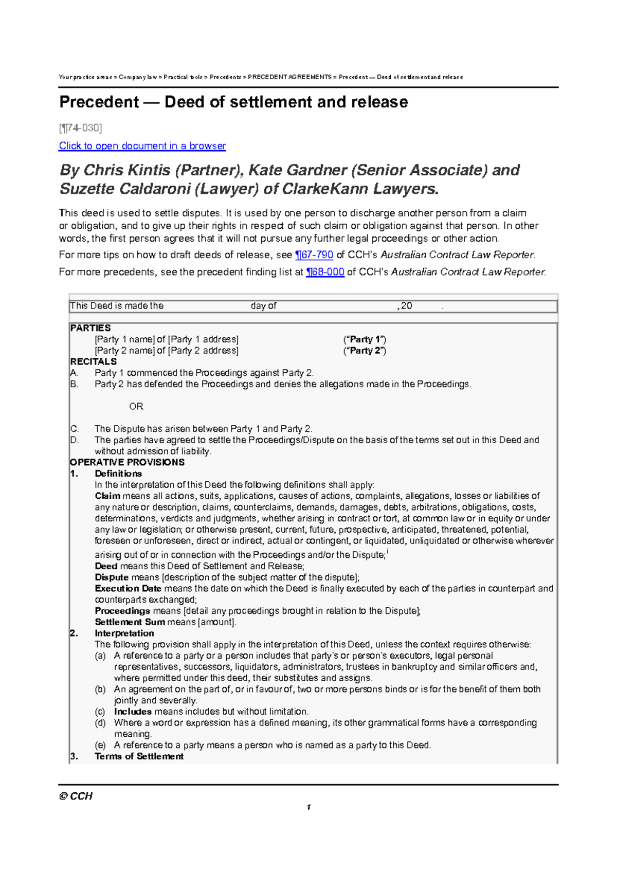 Precedent — Deed of settlement and release - Precedent — Deed of ...