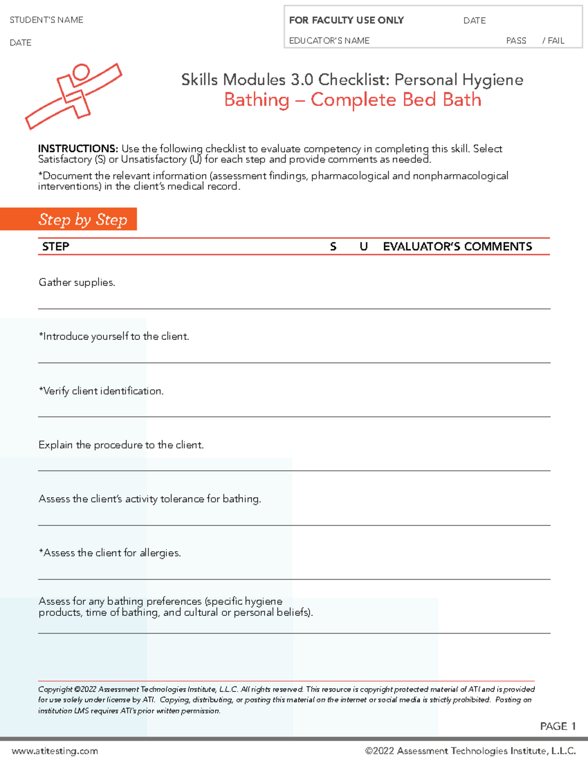 Skills Checklist Personal Hygiene Bed Bath - PAGE 1 Copyright ©2022 ...