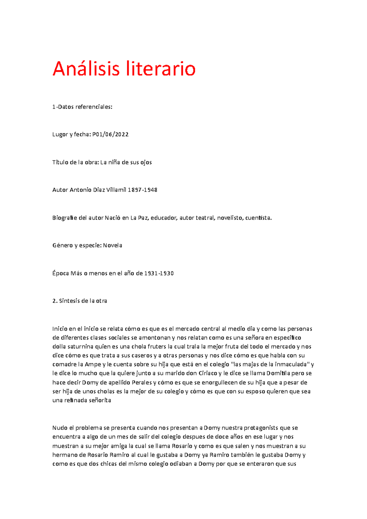 Análisis literario - fefes - Análisis literario 1-Datos referenciales ...