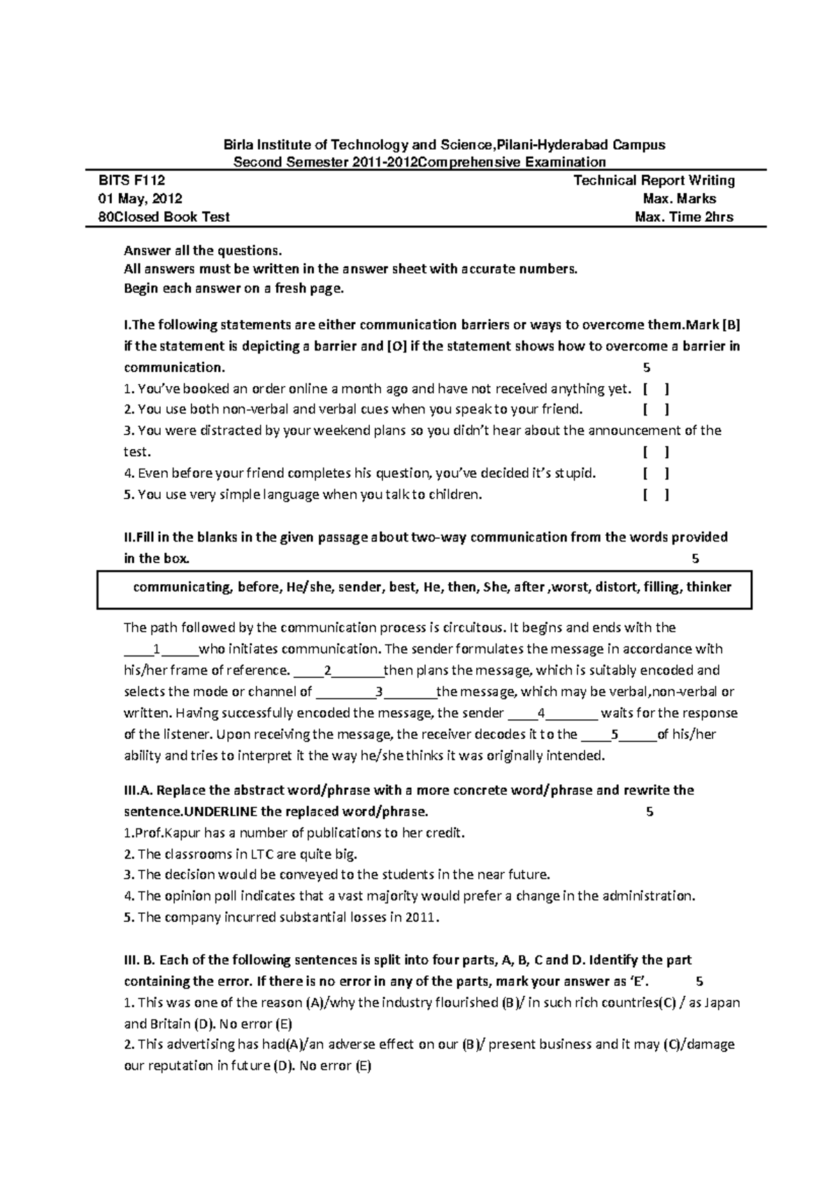 BITS+F112+Compre+QP+01 - Technical Report Writing - BITS Pilani - Studocu