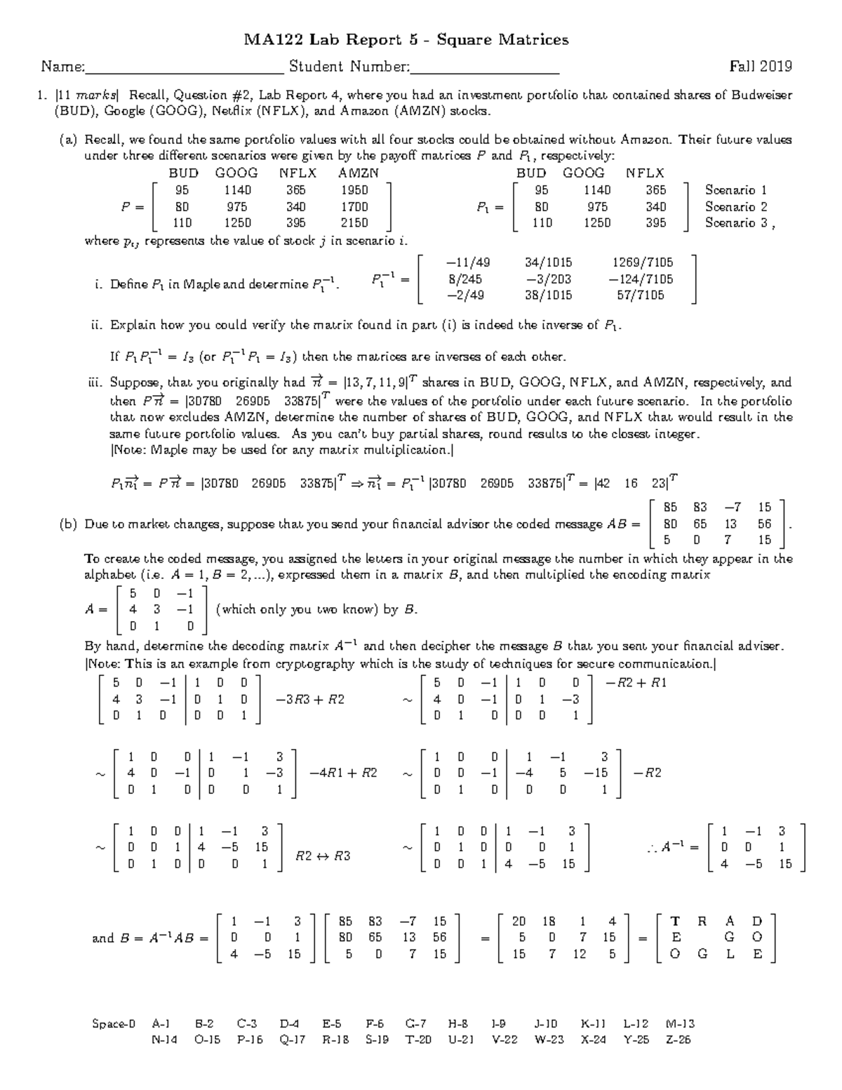 Assignment Lab 5Soln - MA122 Lab Report 5 - Square Matrices Name ...