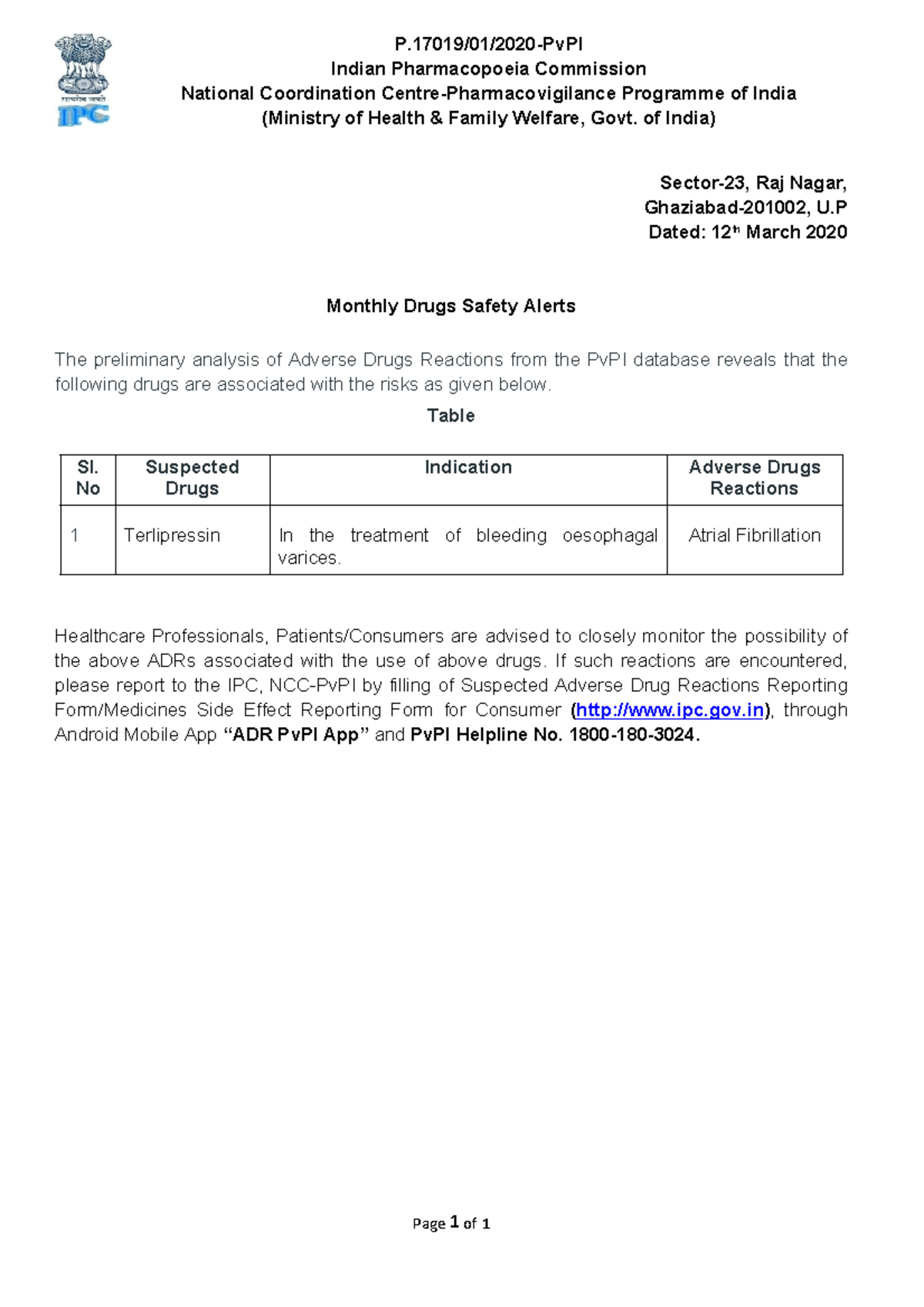 Drugs safety Alert March 2020 - Page 1 of 1 P/01/2020-PvPI Indian ...