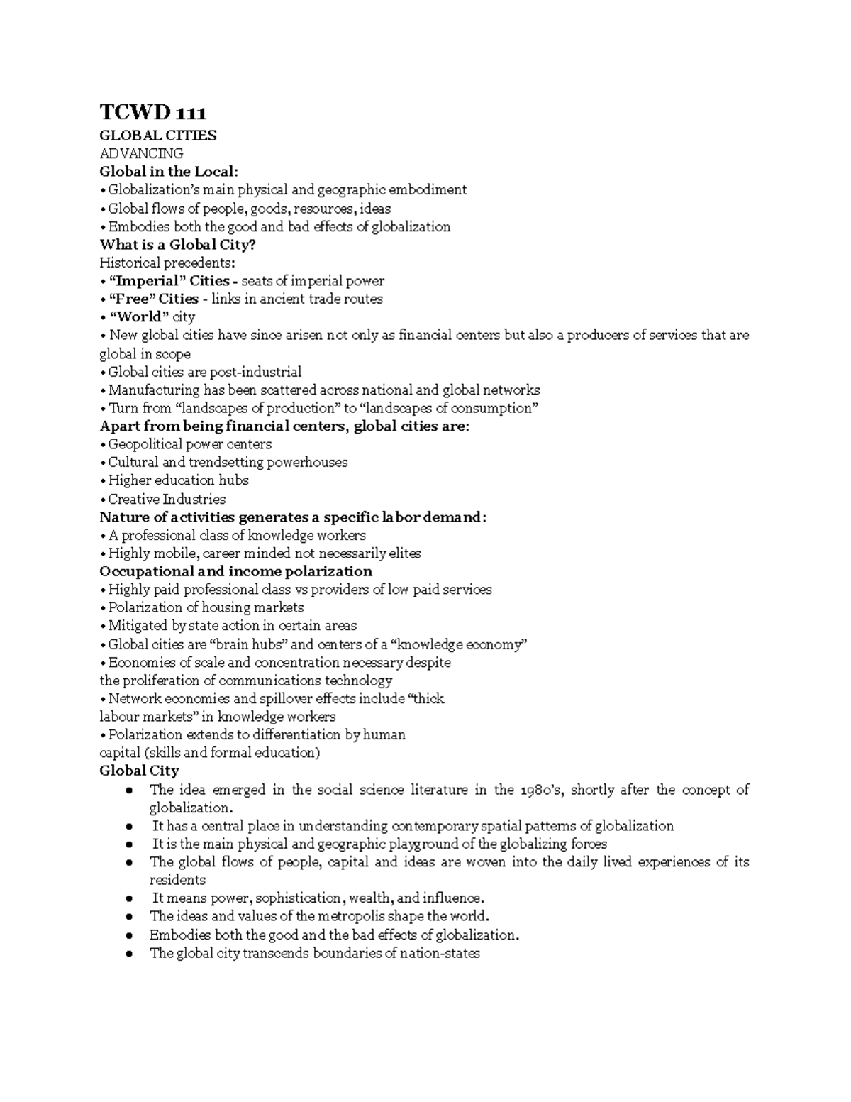 TCWD Finals Reviewer - TCWD 111 GLOBAL CITIES ADVANCING Global in the ...