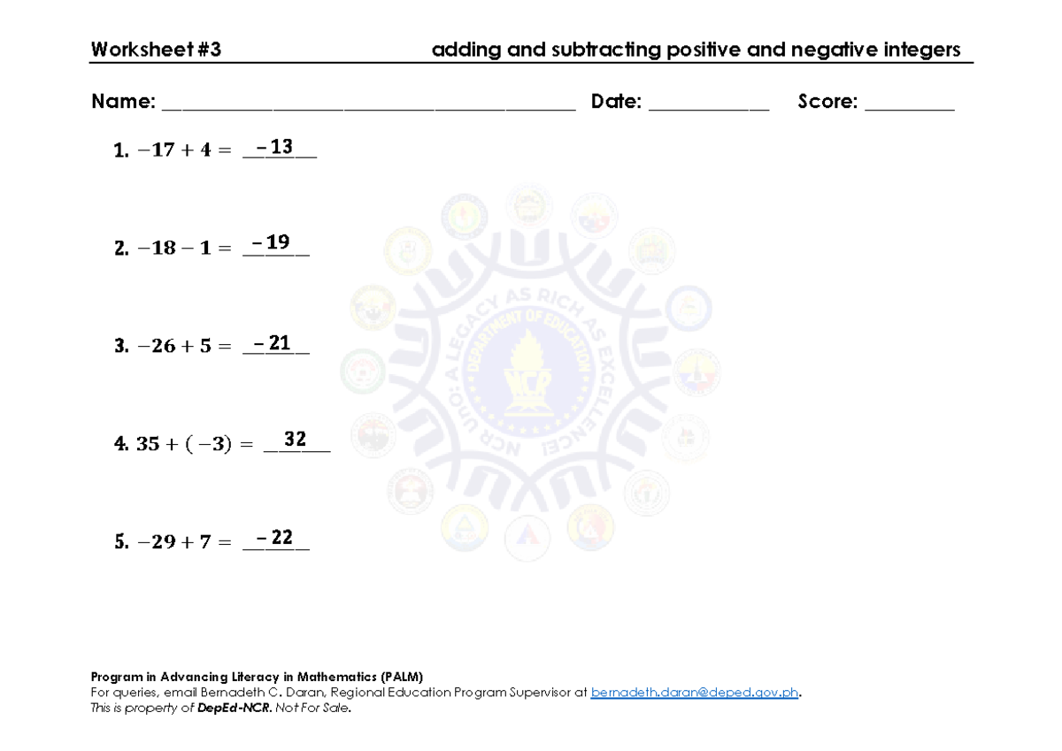 WS3 (Adding and Subtracting Positive and Negative Integers) KEY ...