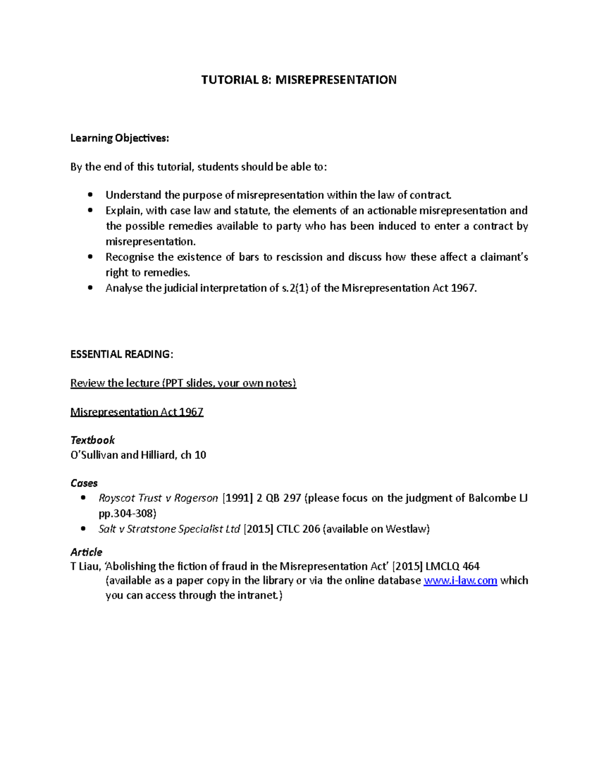 contract Tutorial 8 - TUTORIAL 8: MISREPRESENTATION Learning Objectives ...