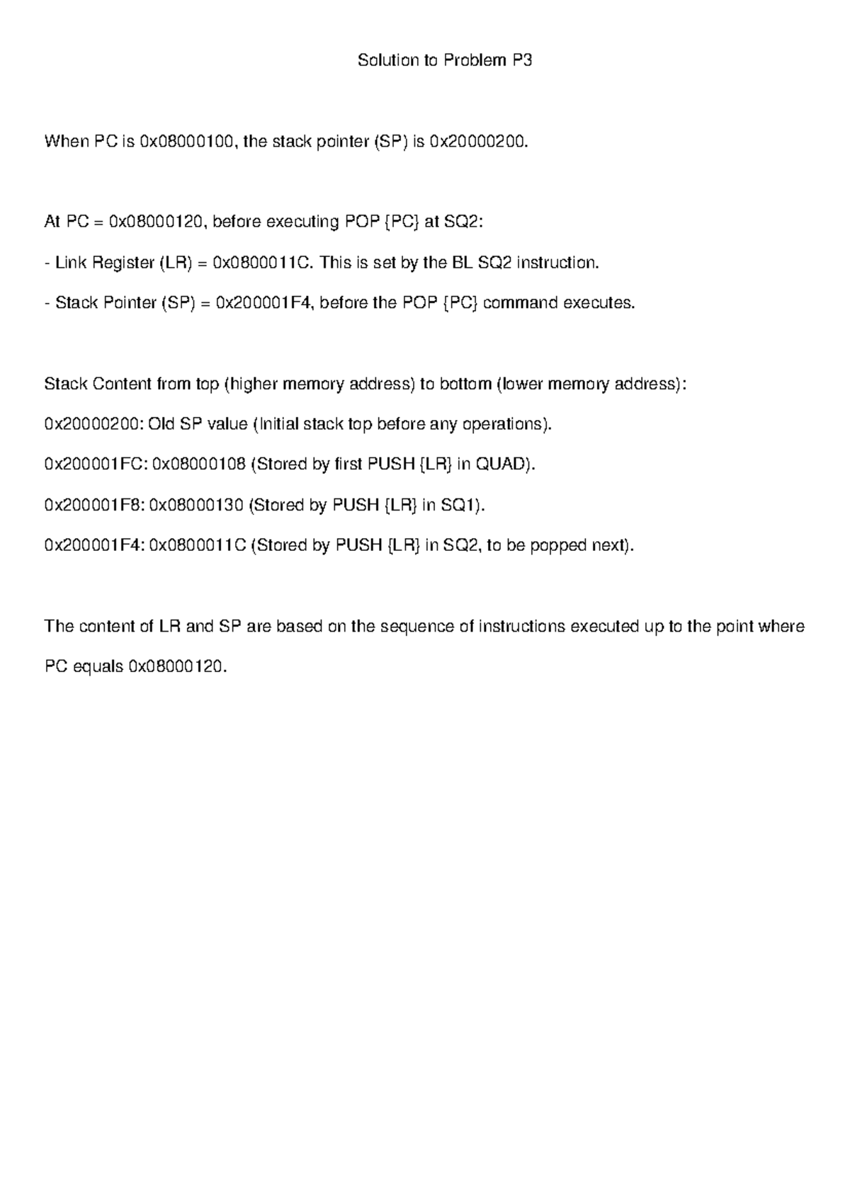 Assembly Problem P3 Solution - Solution to Problem P When PC is 0x08000100, the stack pointer ...