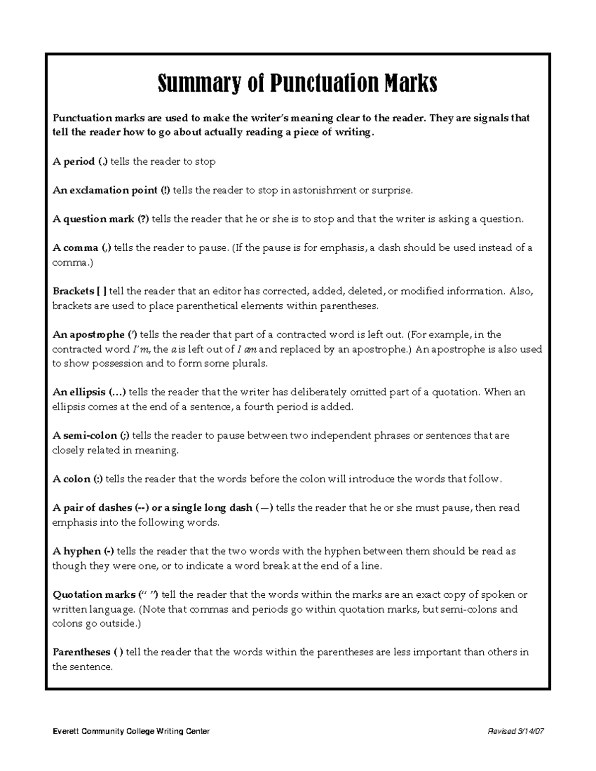 Summary of punctuation marks - Everett Community College Writing Center ...