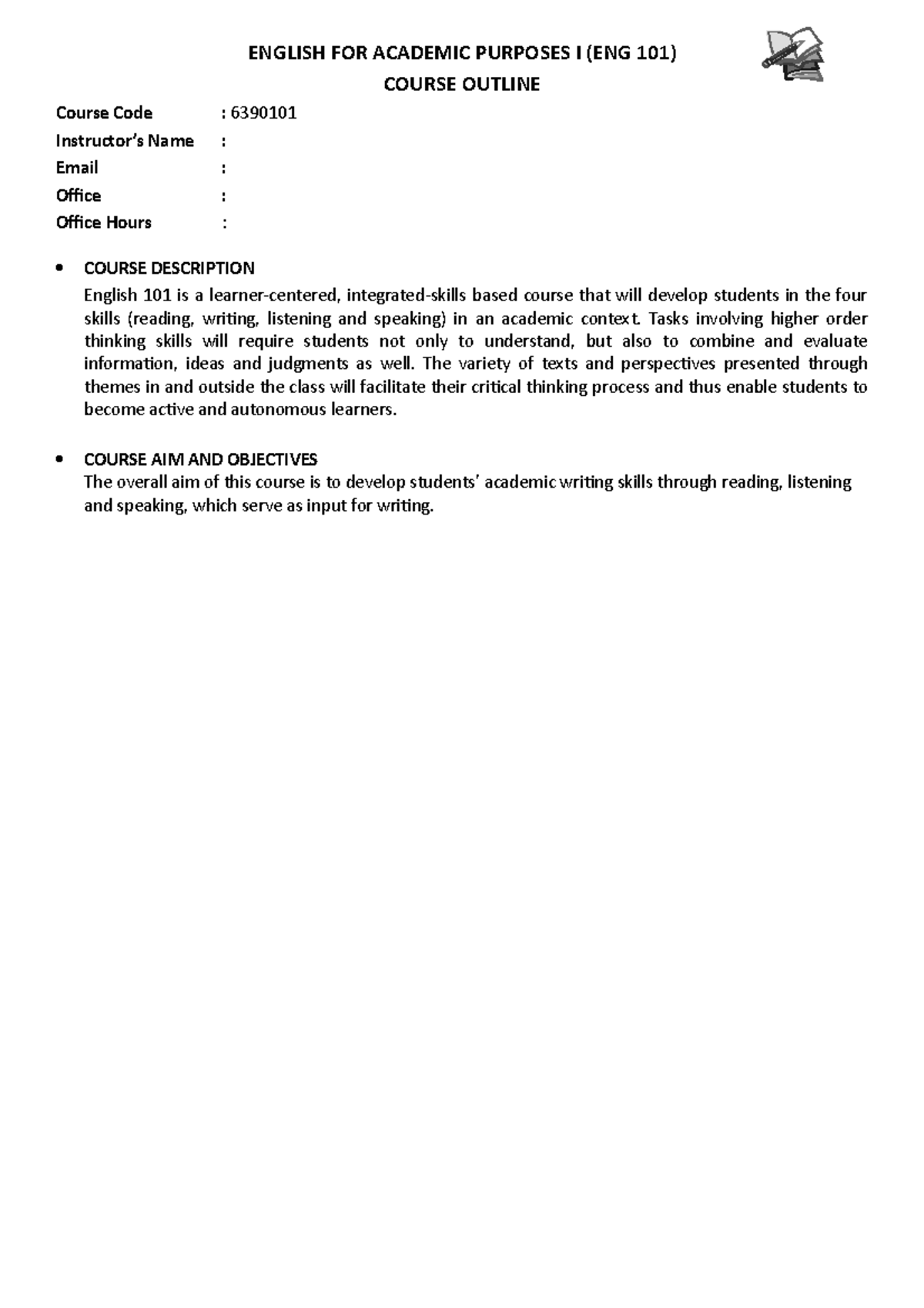 2019-2020 summer school eng 101 course outline 0 - ENGLISH FOR ACADEMIC ...