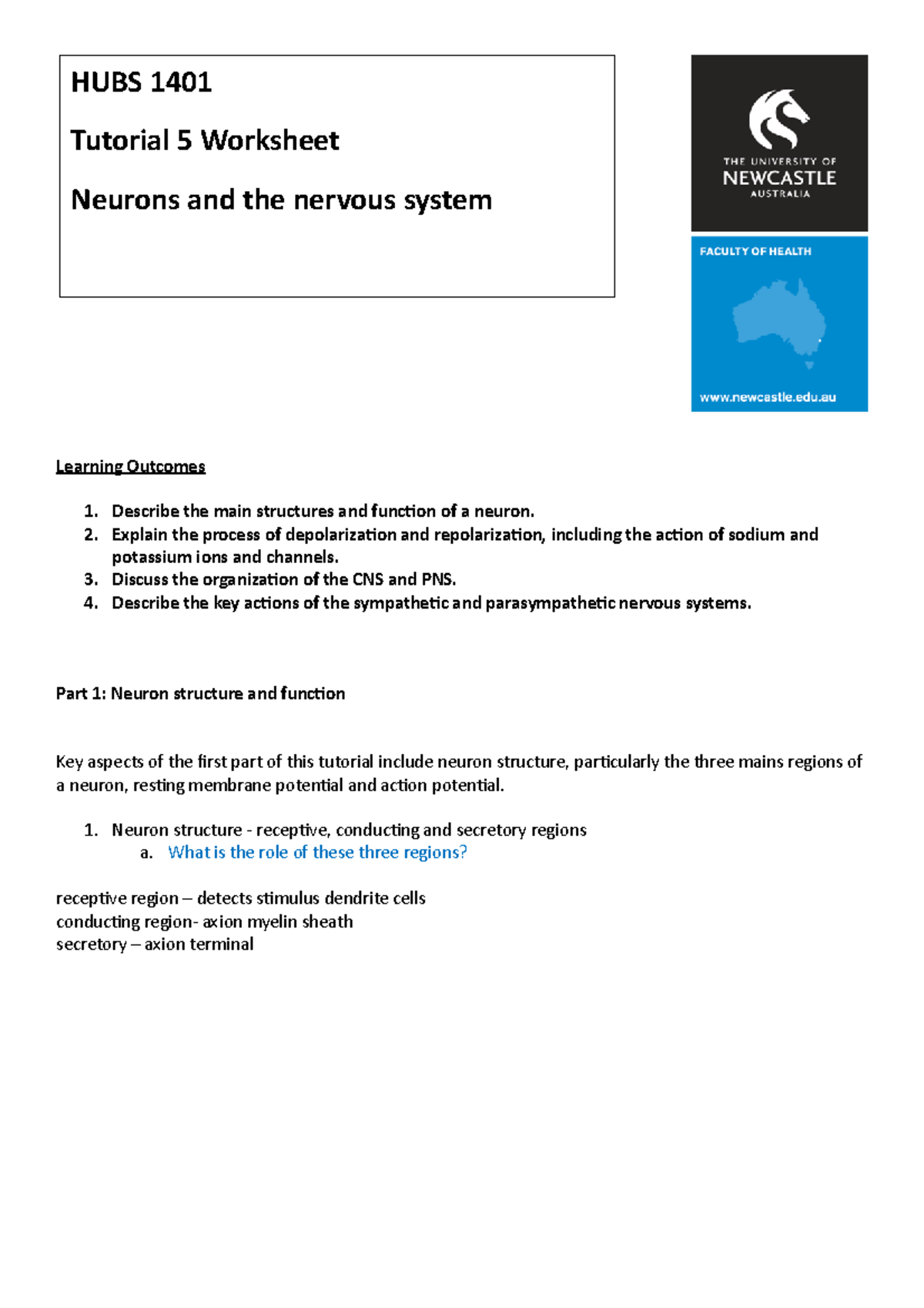 Tutorial 5 Neurons and the nervous system - Learning Outcomes 1 ...