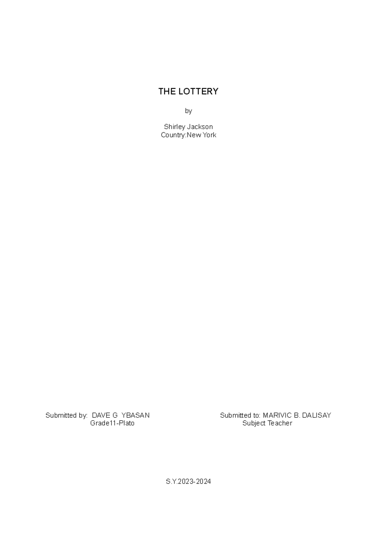 Script - DAS - THE LOTTERY by Shirley Jackson Country:New York ...