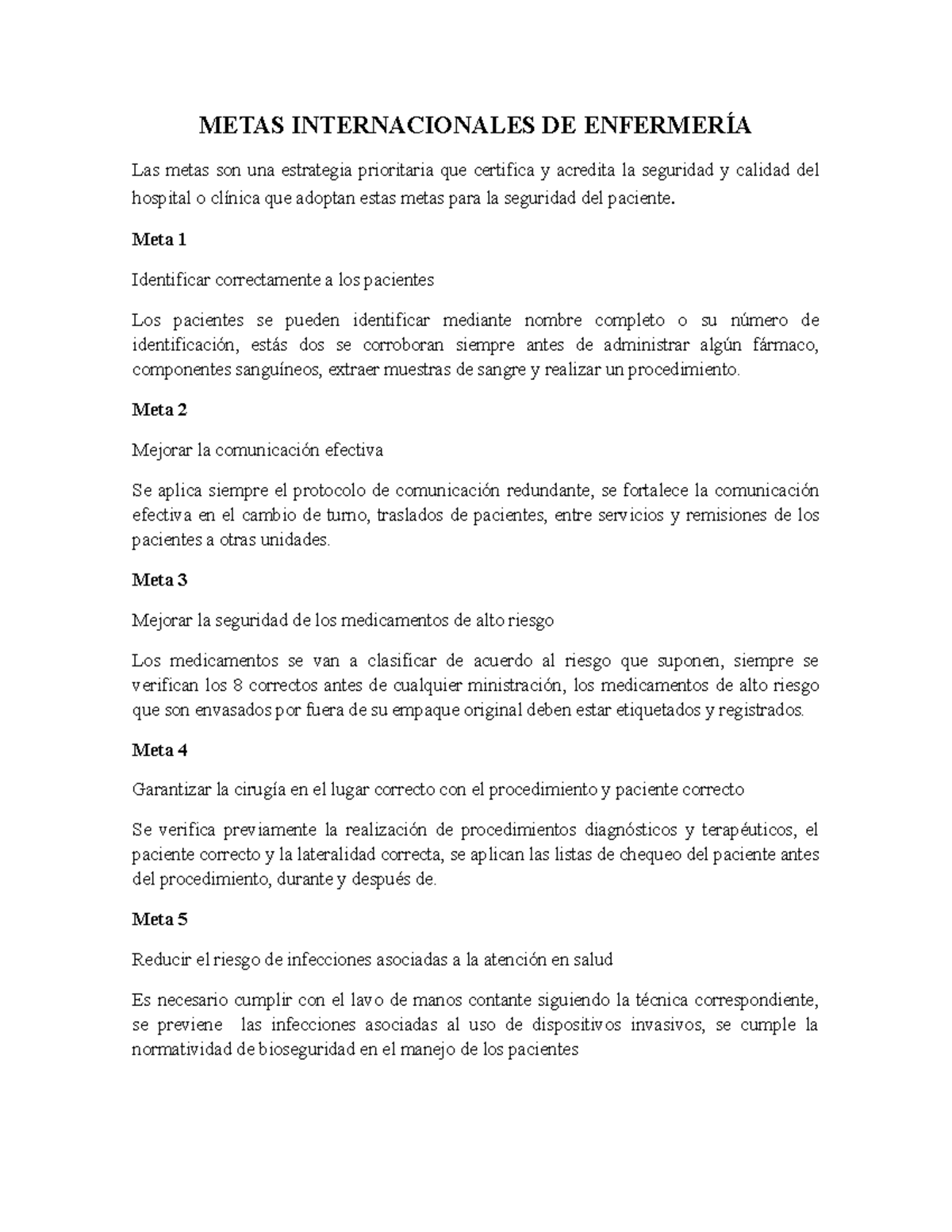 Metas Internacionales de enfermería - METAS INTERNACIONALES DE ...