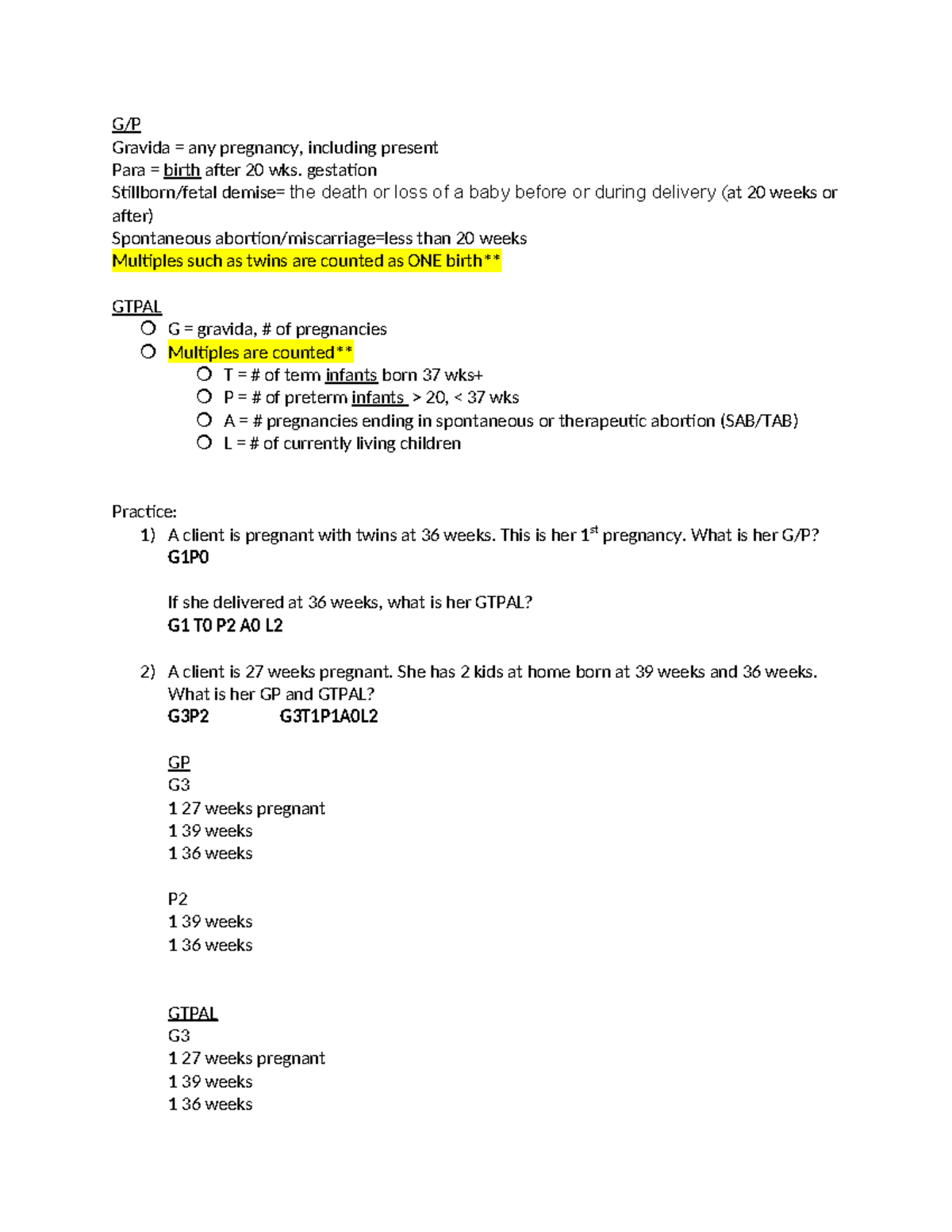 GP Gtpal Naegeles Rule Practice - Answers - G/P Gravida = any pregnancy ...