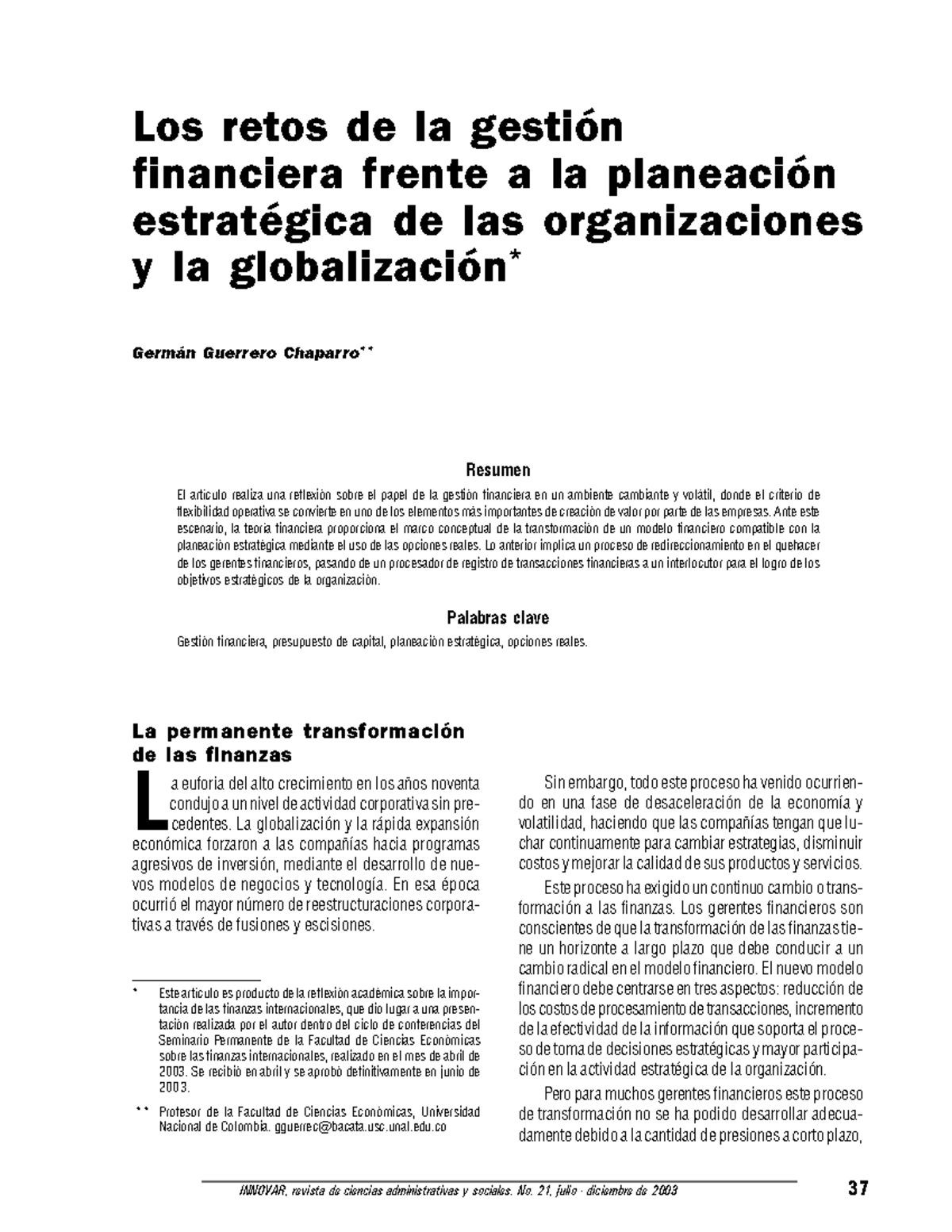 Retos de la gestion financiera - INNOVAR, revista de ciencias administrativas y sociales. No. 21 ...
