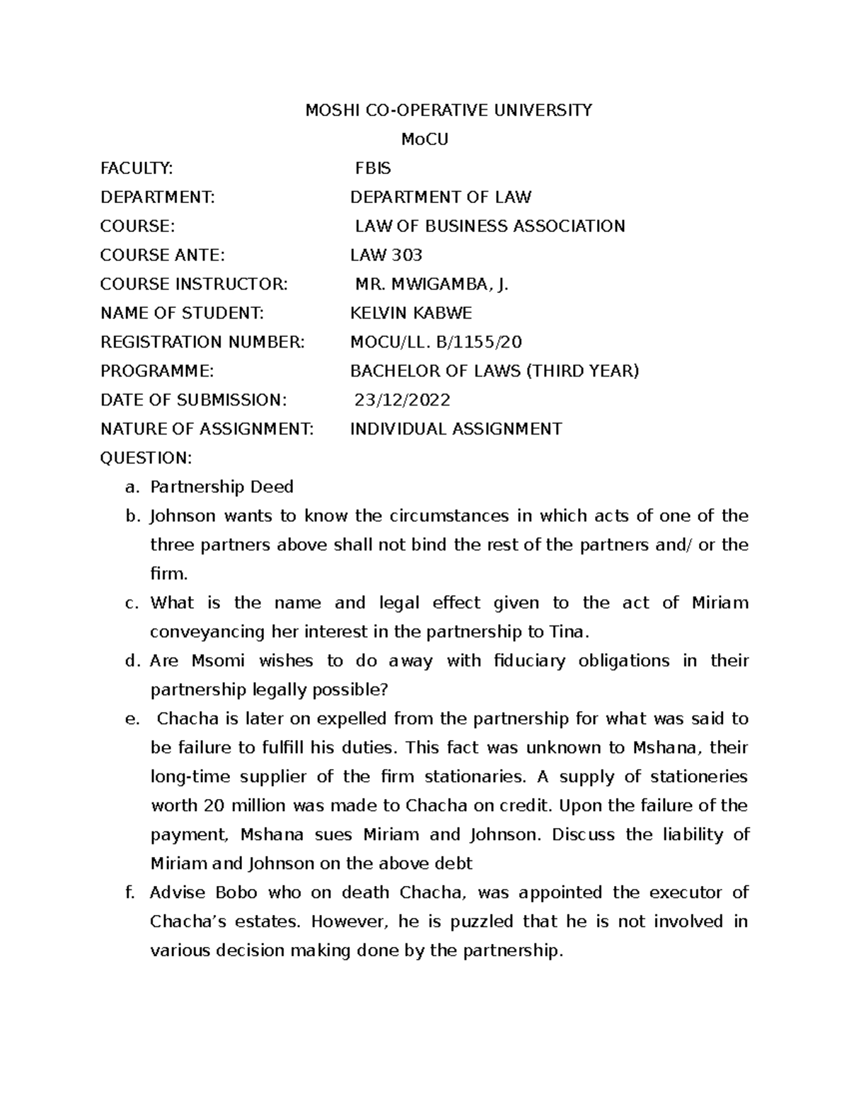 Business law - MOSHI CO-OPERATIVE UNIVERSITY MoCU FACULTY: FBIS ...