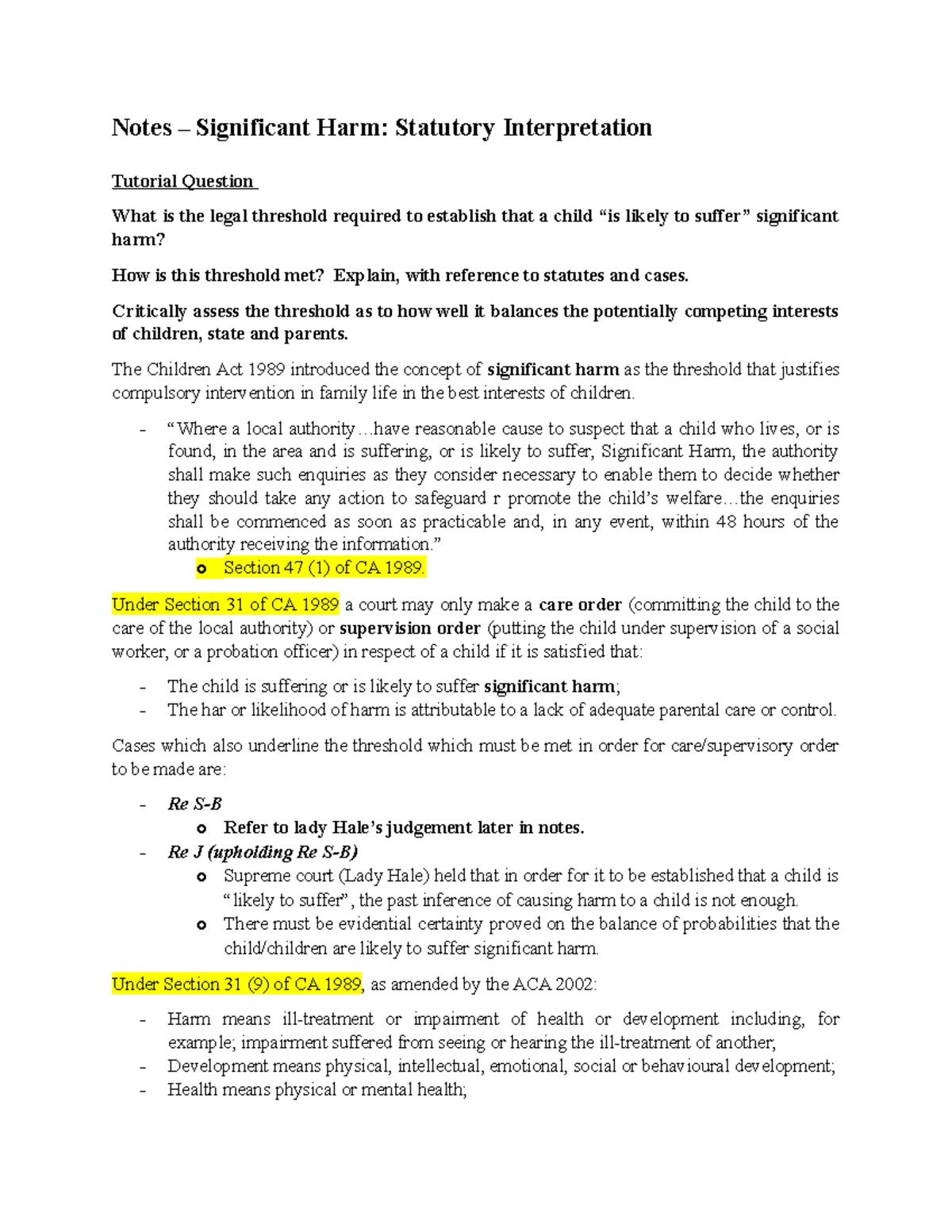 Interpreting Significant Harm - Notes – Significant Harm: Statutory ...