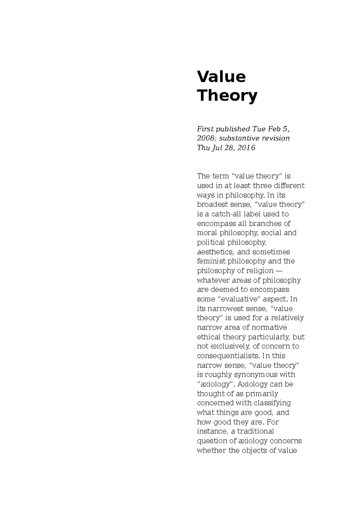 Value Theory Ethics Work Value Theory First Published Tue Feb 5