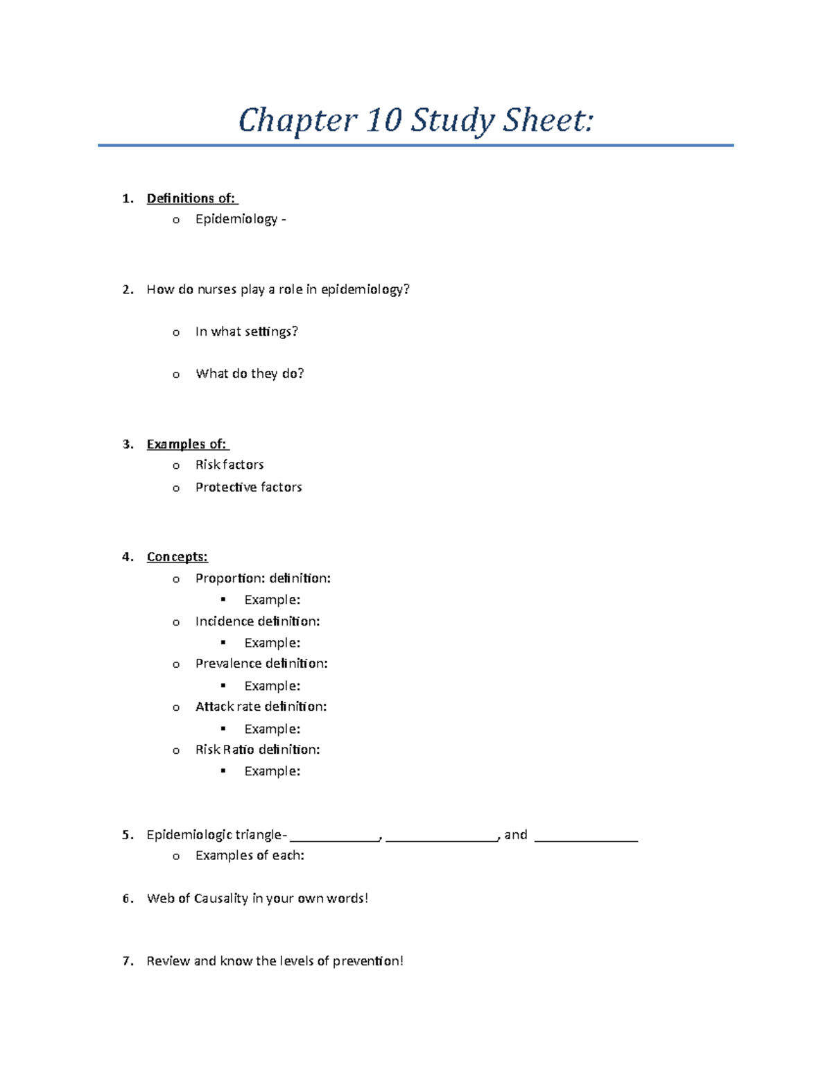 Chapter 10 Study Sheet - Chapter 10 Study Sheet: Definitions of: o ...