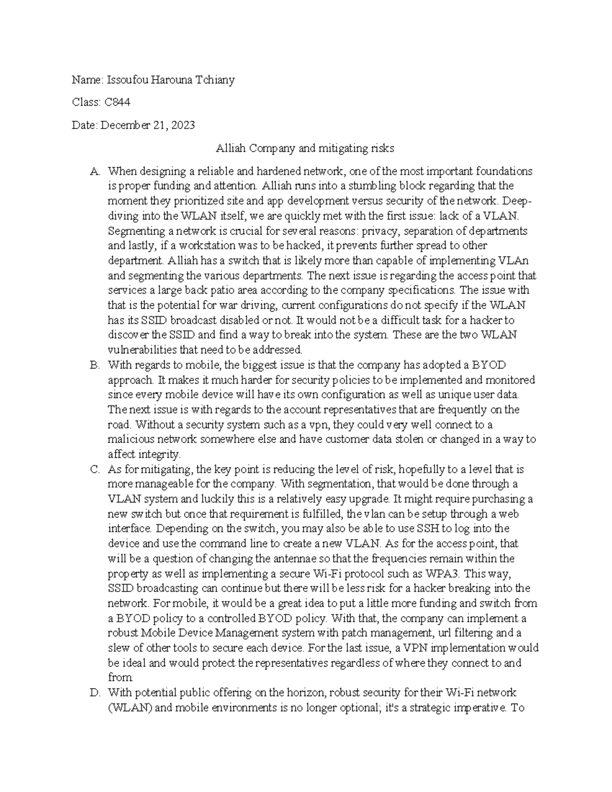 C844 Task 2 IT 1 - Assignment passed. - Name: Issoufou Harouna Tchiany ...