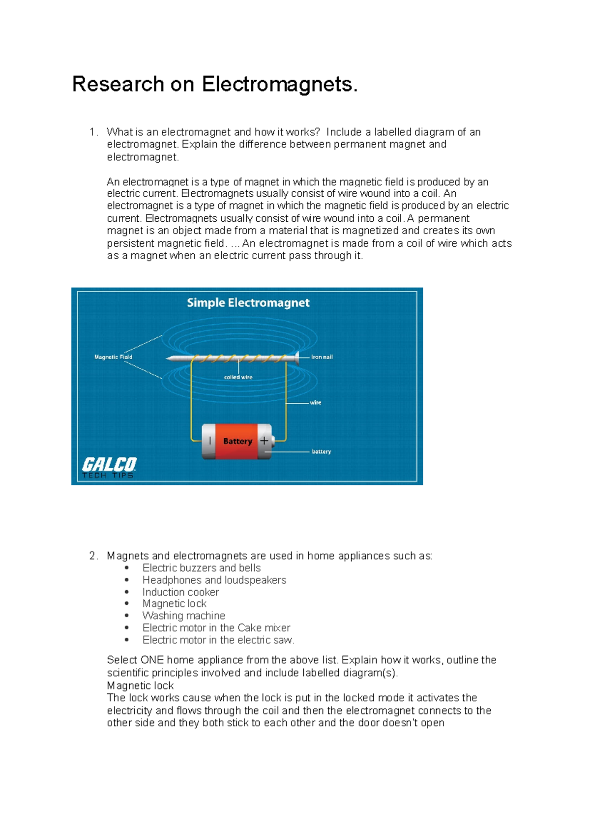 Research on Electromagnets - 1. What is an electromagnet and how it works? Include a labelled ...