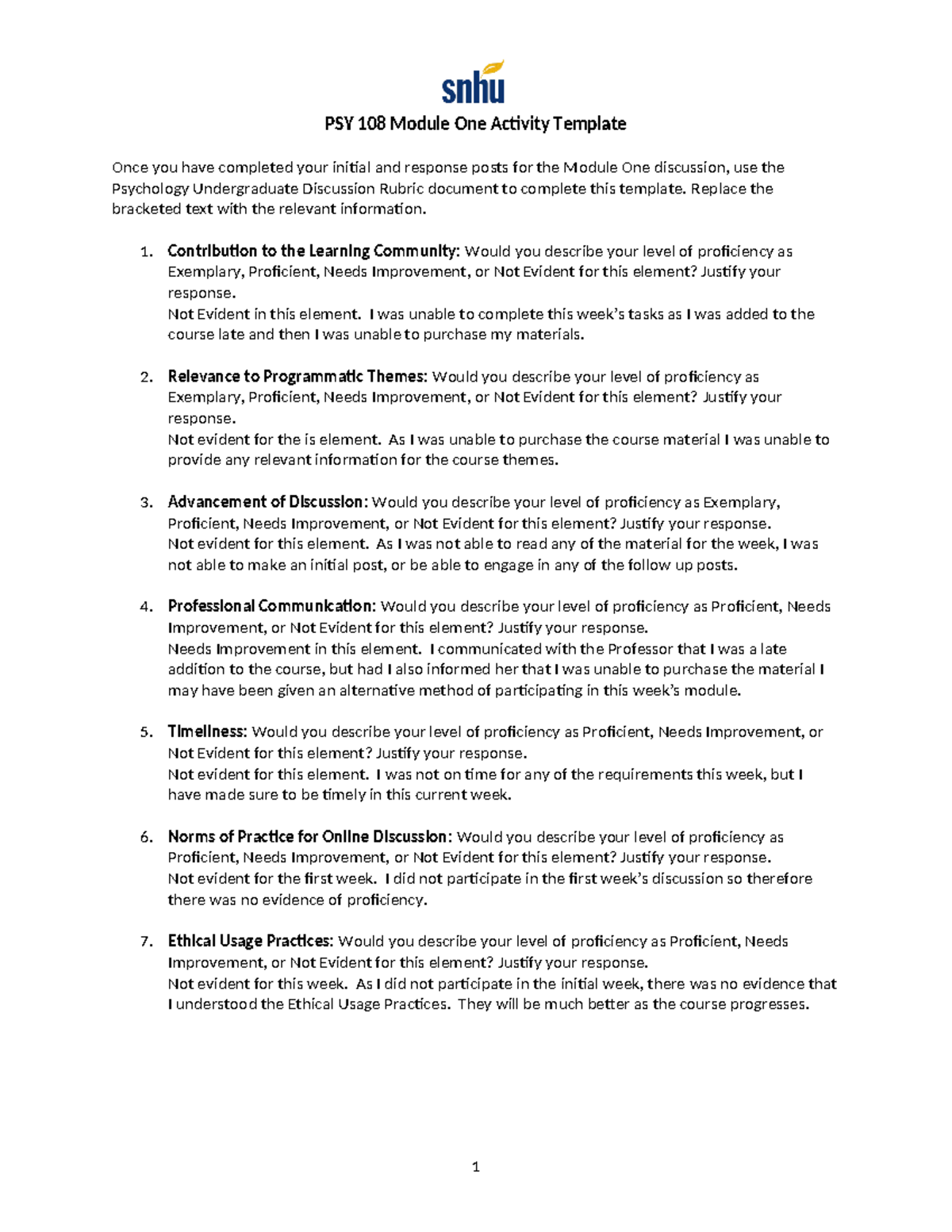 PSY 108 Module One Activity - Replace the bracketed text with the ...