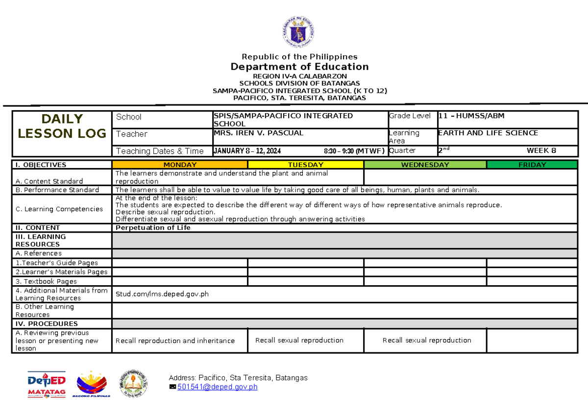 DLL - Earth and Life Science - Week 8 - Department of Education REGION ...
