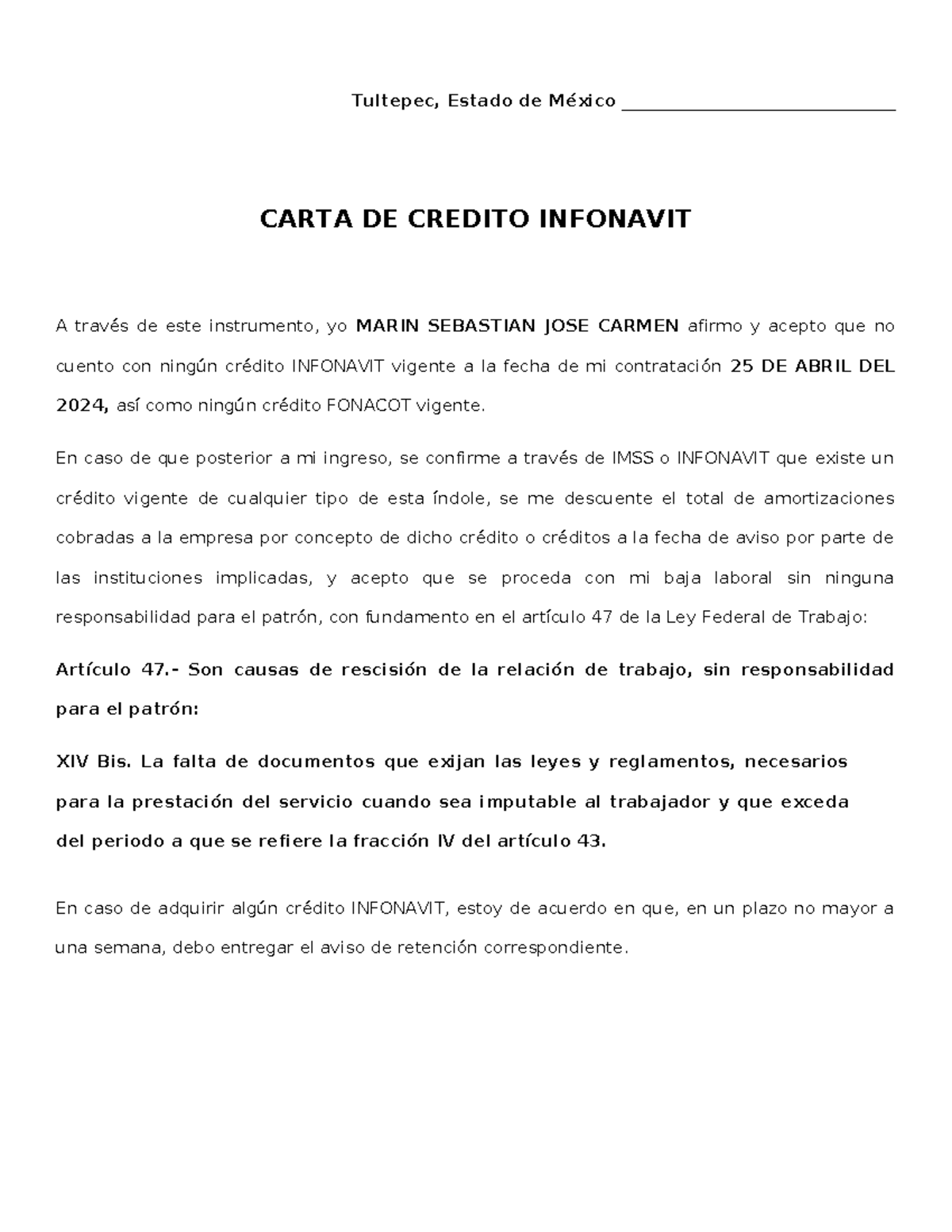 3PL-RRHH-009 Carta de Crédito de Infonavit - Tultepec, Estado de México ...