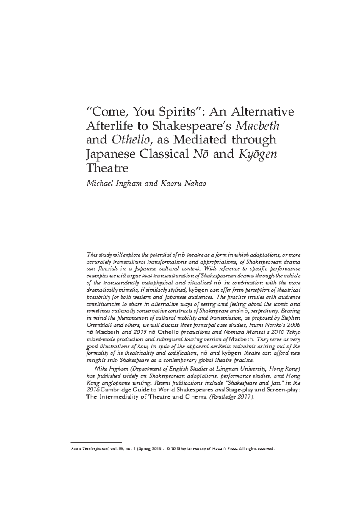 An Alternative Afterlife to Macbeth and Othello in Japanese Nō and ...