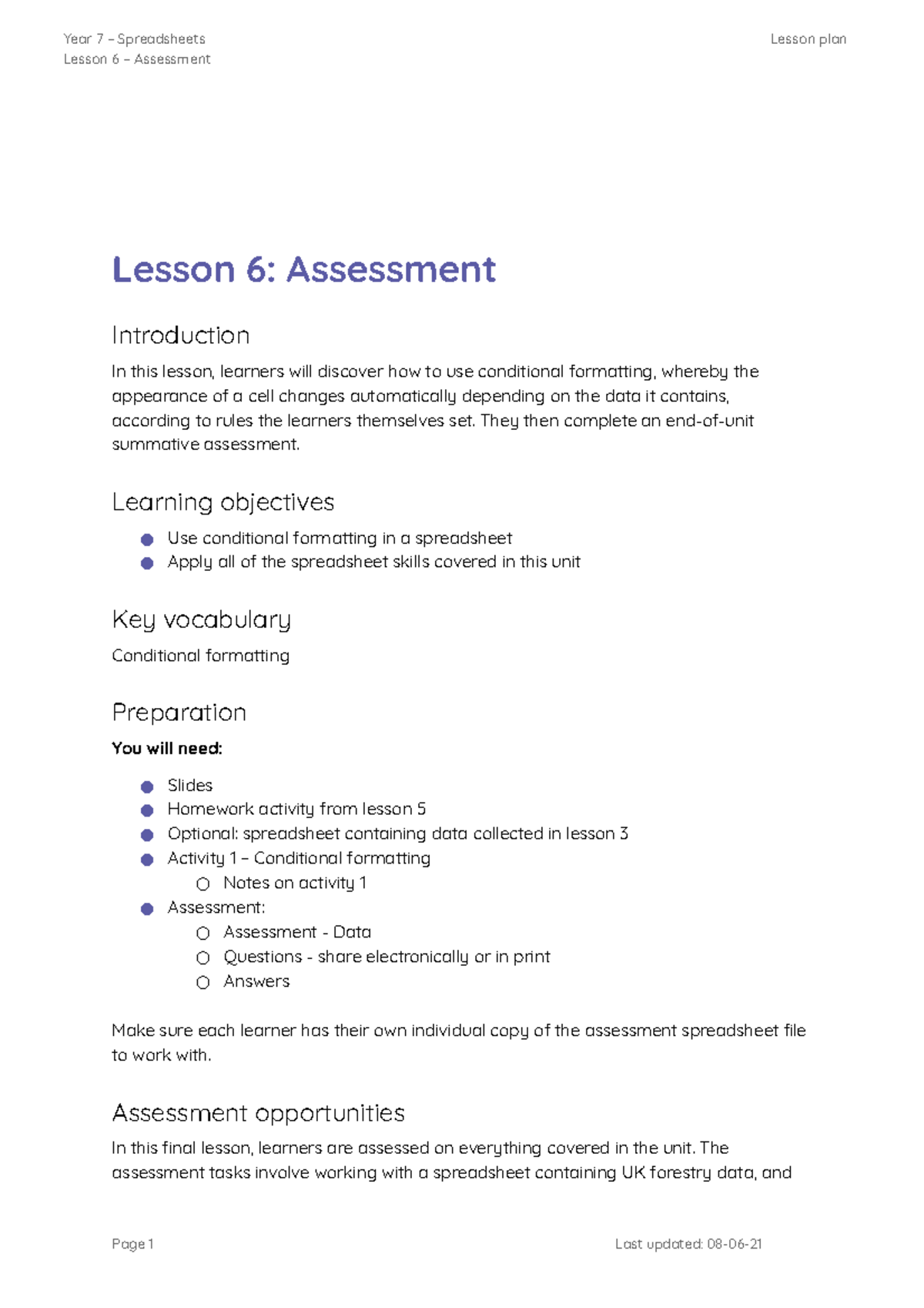 Lesson Plan - Modelling Data - Spreadsheets - Assessment - Lesson 6 ...