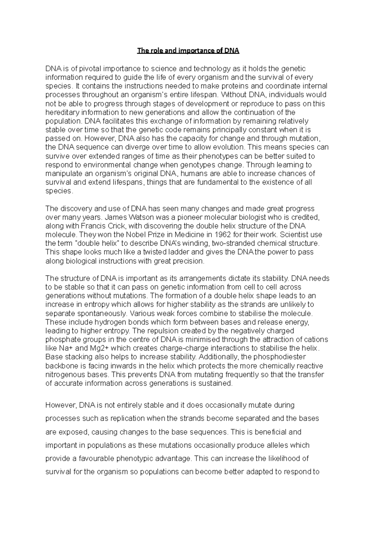 The role and importance of DNA - It contains the instructions needed to ...