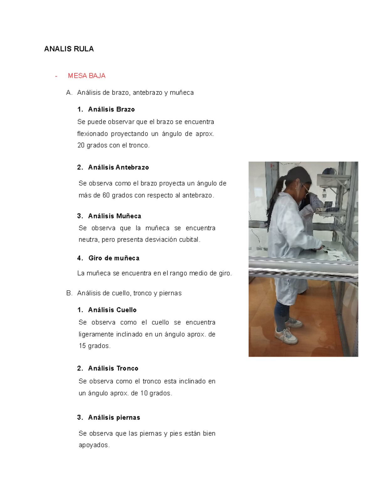 Analis RULA - ANALIS RULA - MESA BAJA A. Análisis de brazo, antebrazo y ...