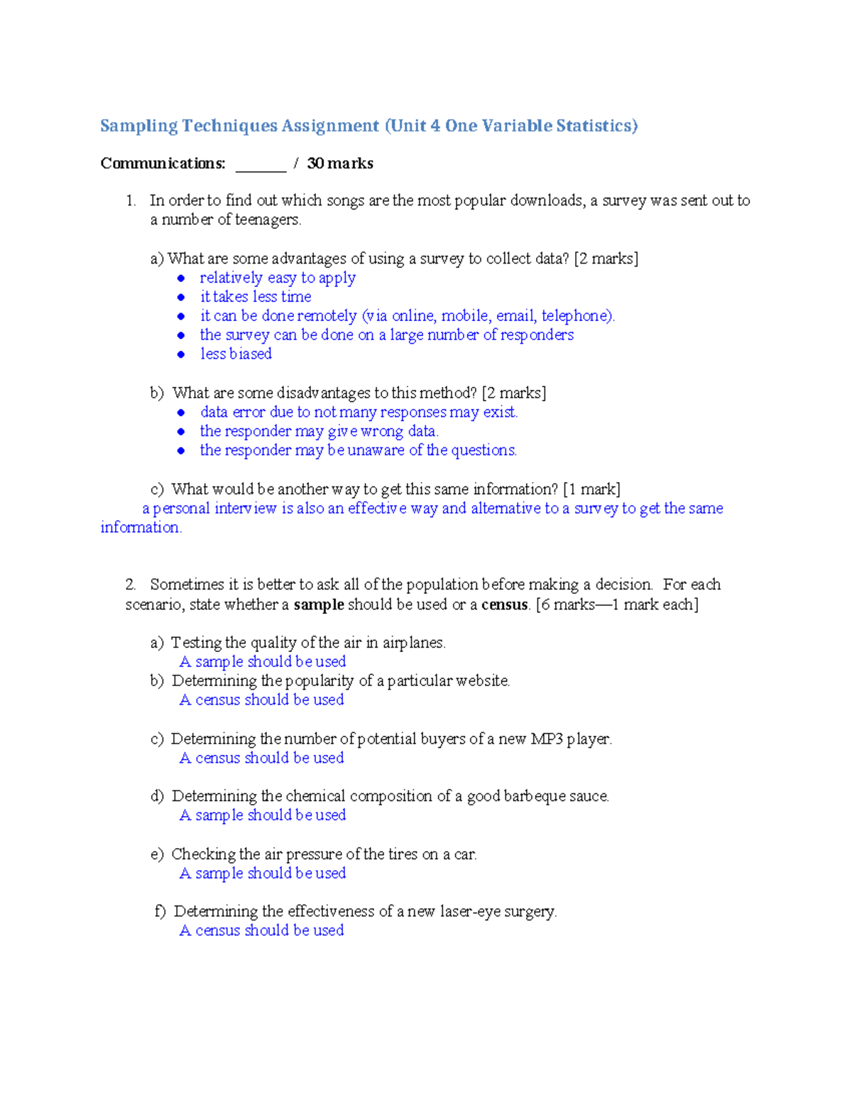 Assignment - idk - Sampling Techniques Assignment (Unit 4 One Variable ...
