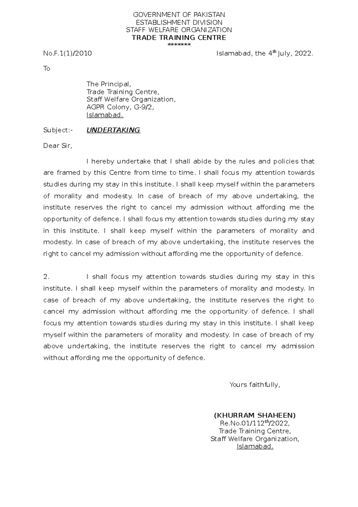 Letter assignment 04-07-2022 - GOVERNMENT OF PAKISTAN ESTABLISHMENT ...