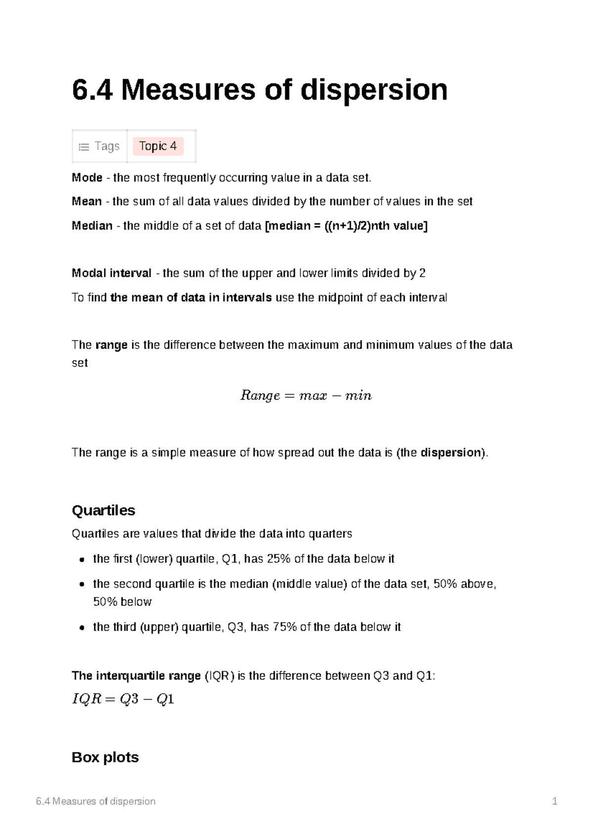 6 - Notes on dispersion, box plots and standard deviation - 6 Measures ...