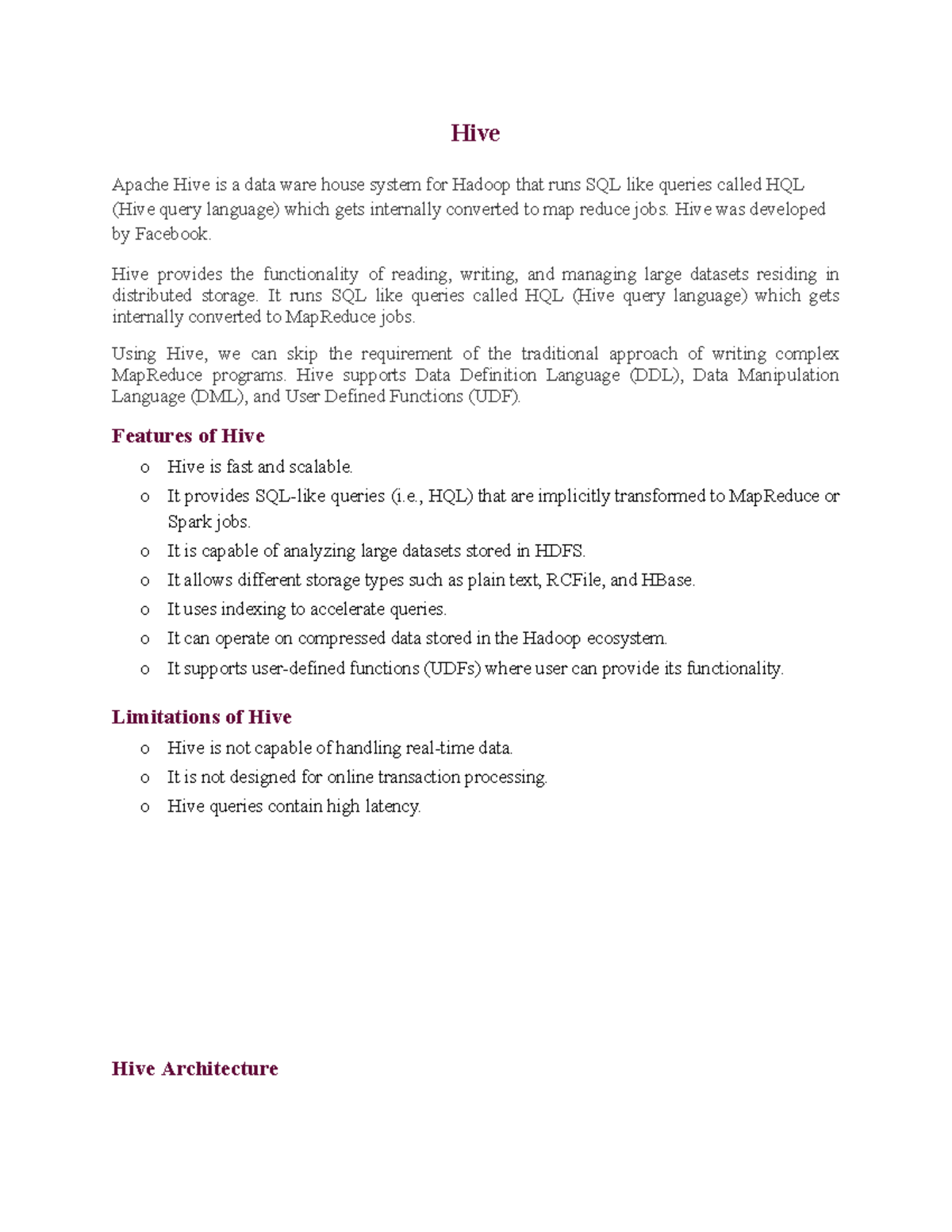 Hive - Notes - Hive Apache Hive is a data ware house system for Hadoop ...