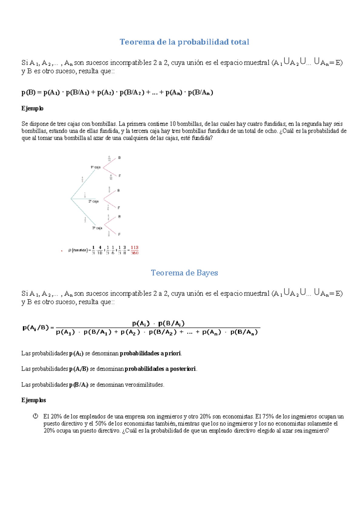 Teorema de la probabilidad total y Bayes - Teorema de la probabilidad total Si A 1 , A 2 ...