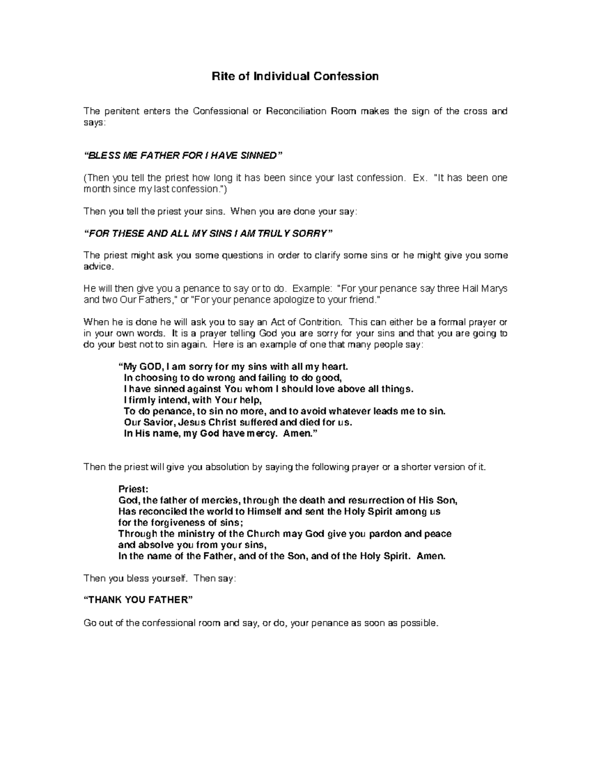 Rite of Individual Confession - Ex. “It has been one month since my ...