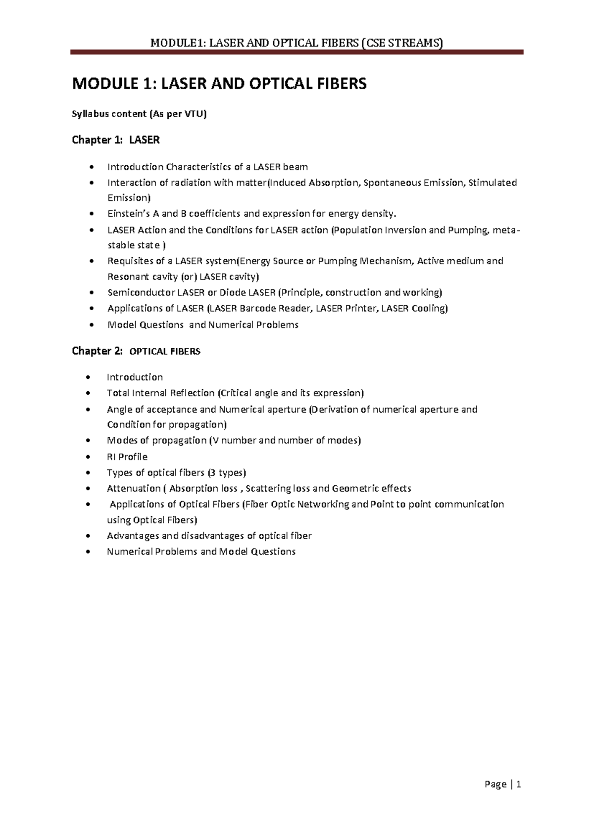 Module 1phy notes - MODULE 1: LASER AND OPTICAL FIBERS Syllabus content ...